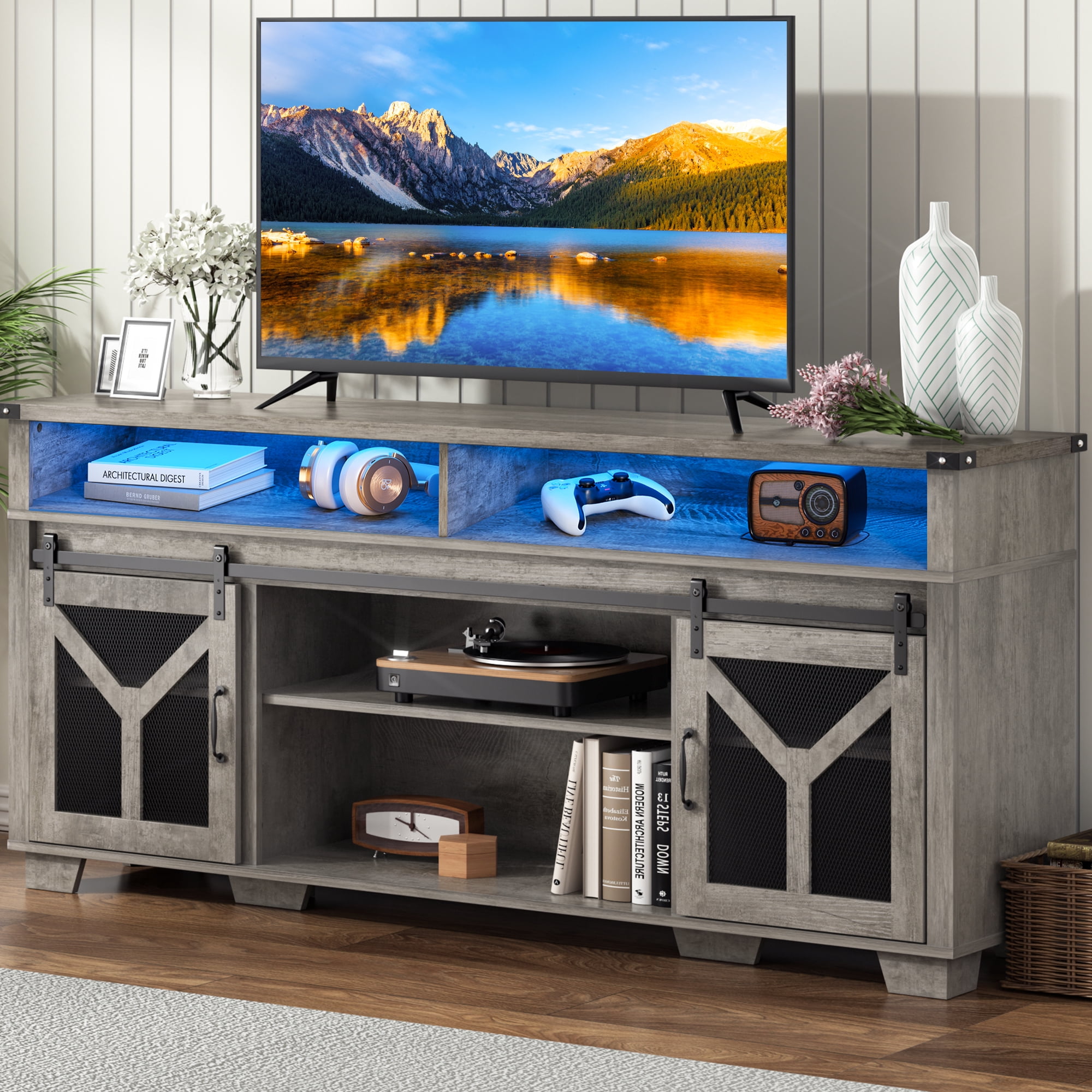 TV Stand for 75 inch TVs with LED Lights, Yisufo 65" W Farmhouse ...