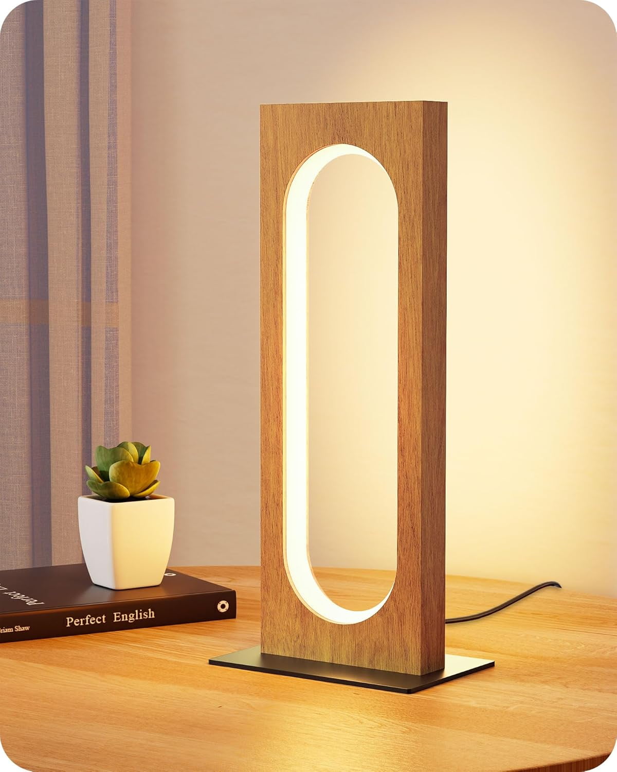 LED Table Lamp, Wooden Bedside Lamp with 3 Color Temperatures & Dimmable, Touch Control Square ...