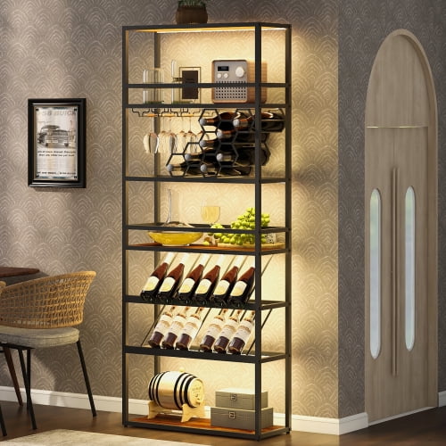 LED Tall Bar Cabinet Wine Rack, Black Contemporary Standing Honeycomb ...