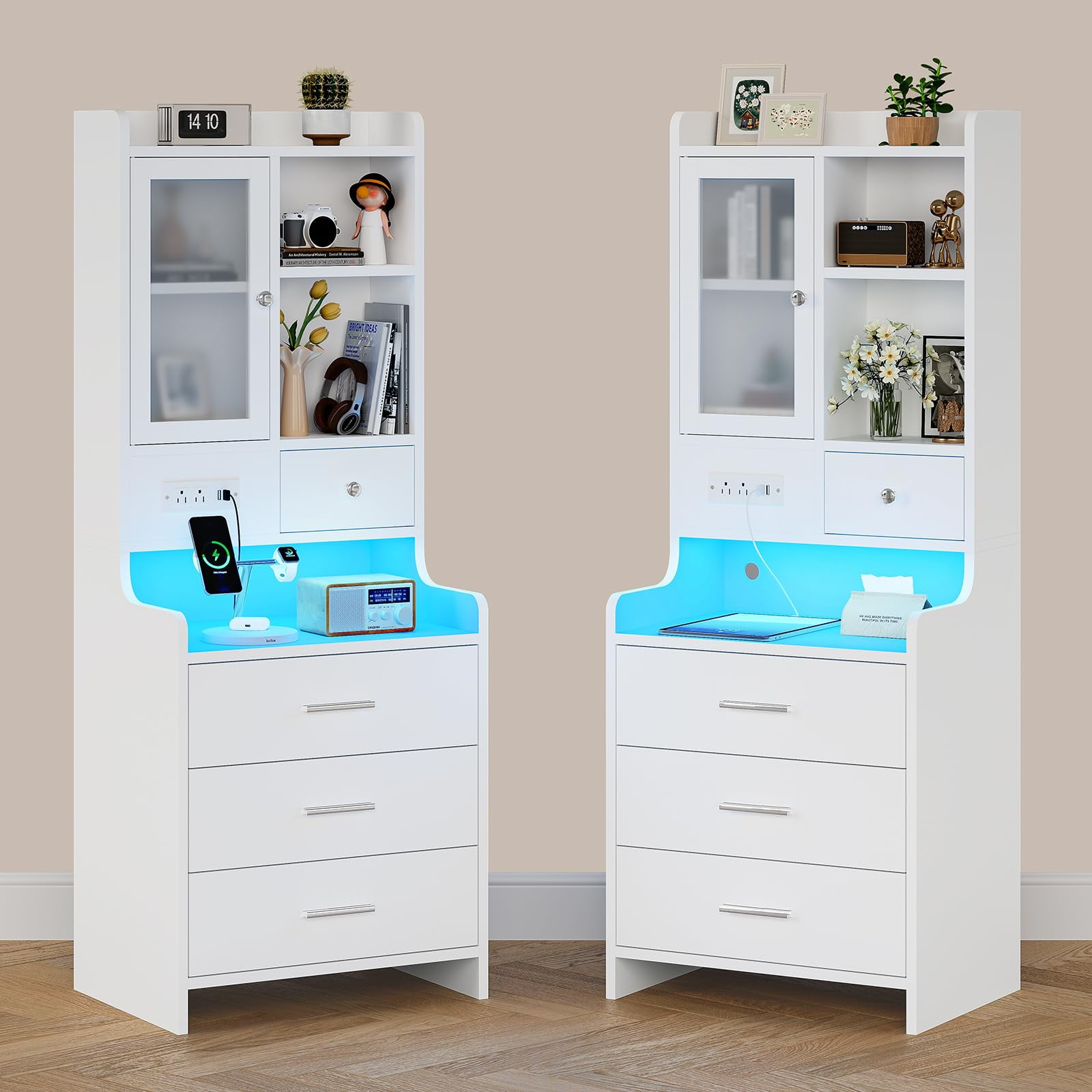LED Bedroom Nightstands Pair with Charging Plugs, Tall Set of 2 ...