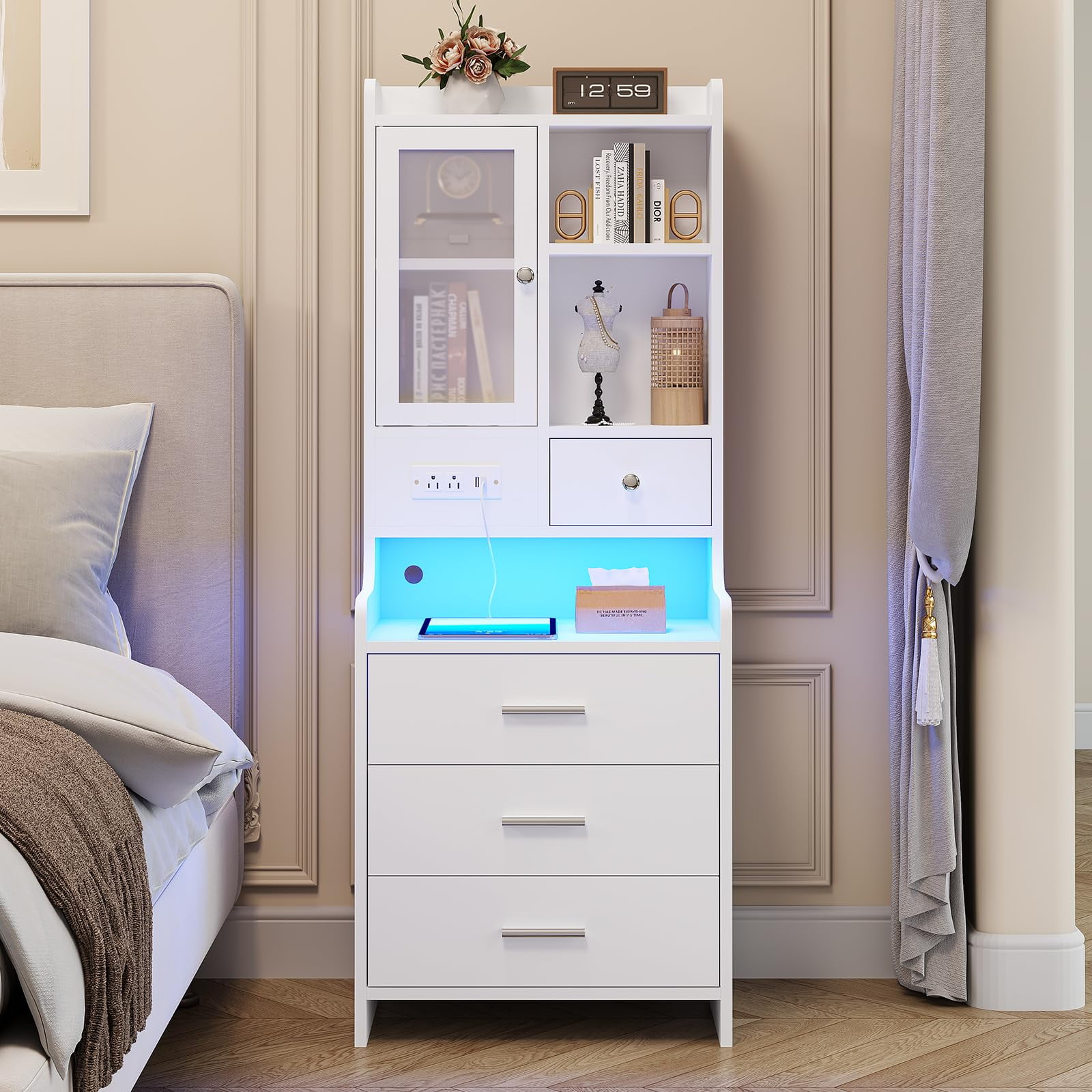 LED Bedroom Nightstand with Charger Outlets, Tall Bedside Table with ...