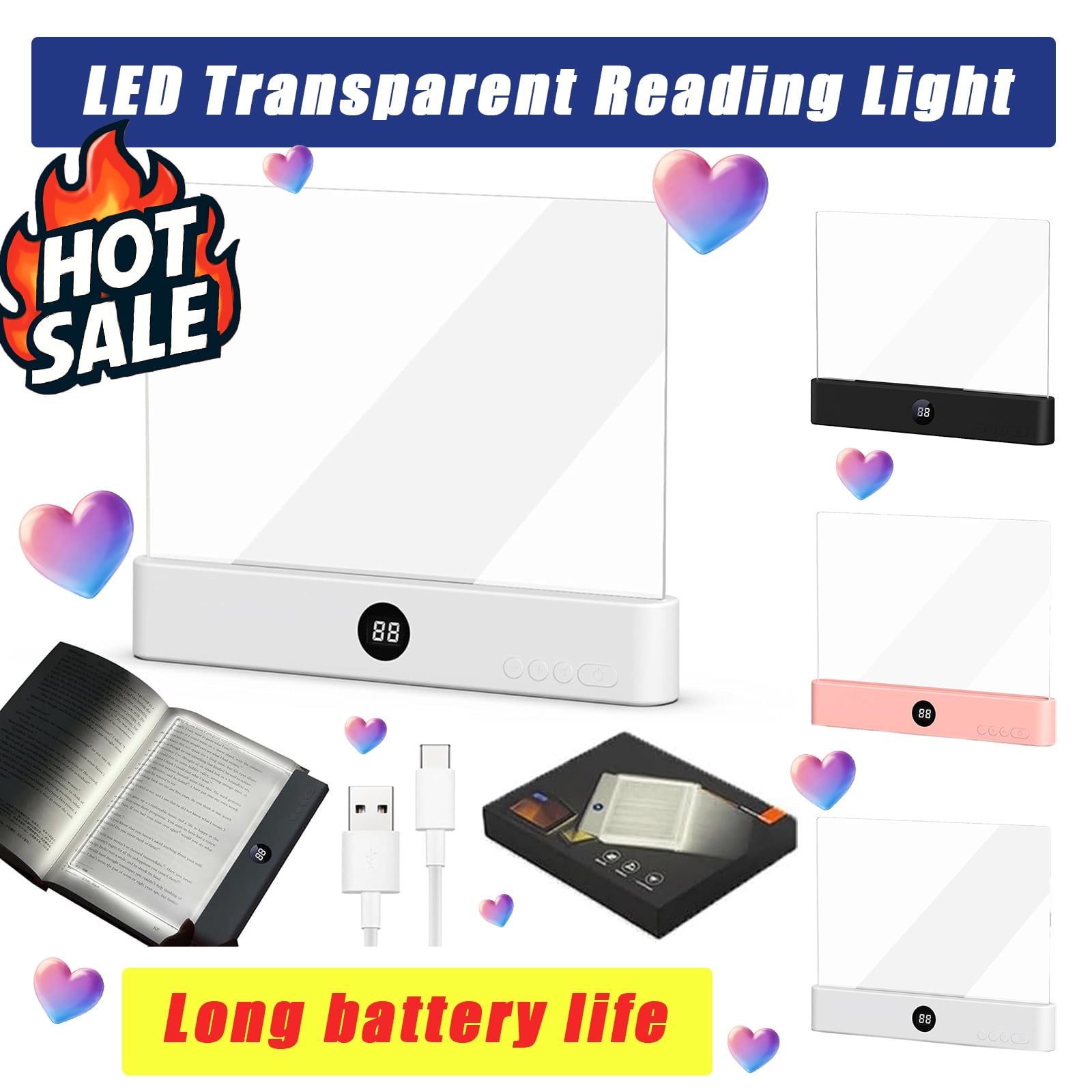 LED Transparent Reading Light with Adjustable Brightness, USB-C ...