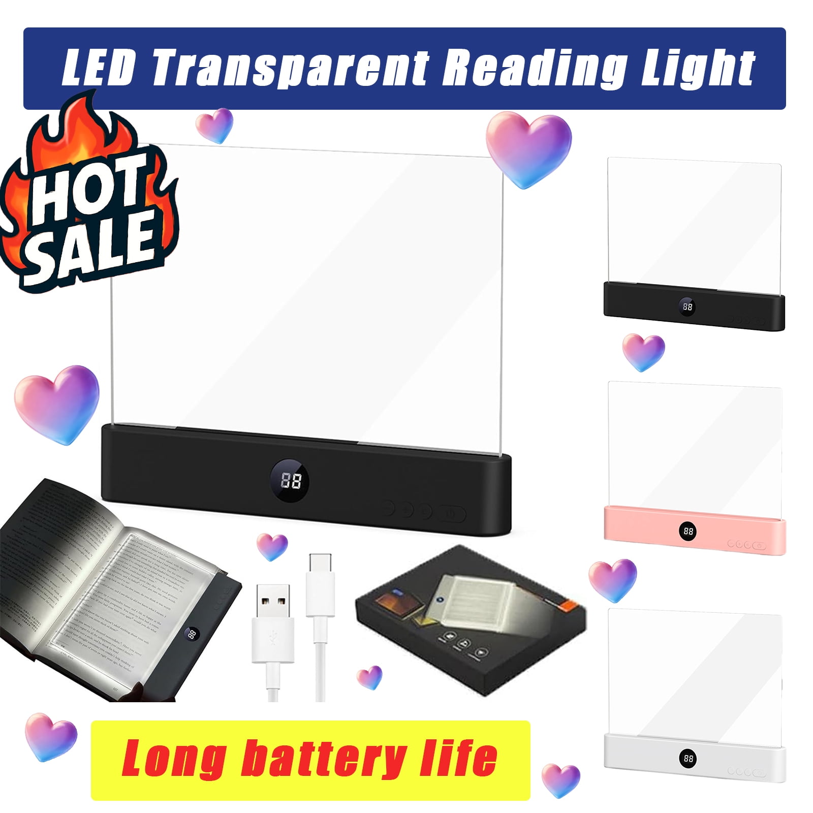 LED Transparent Reading Light for Books, Portable and Rechargeable ...
