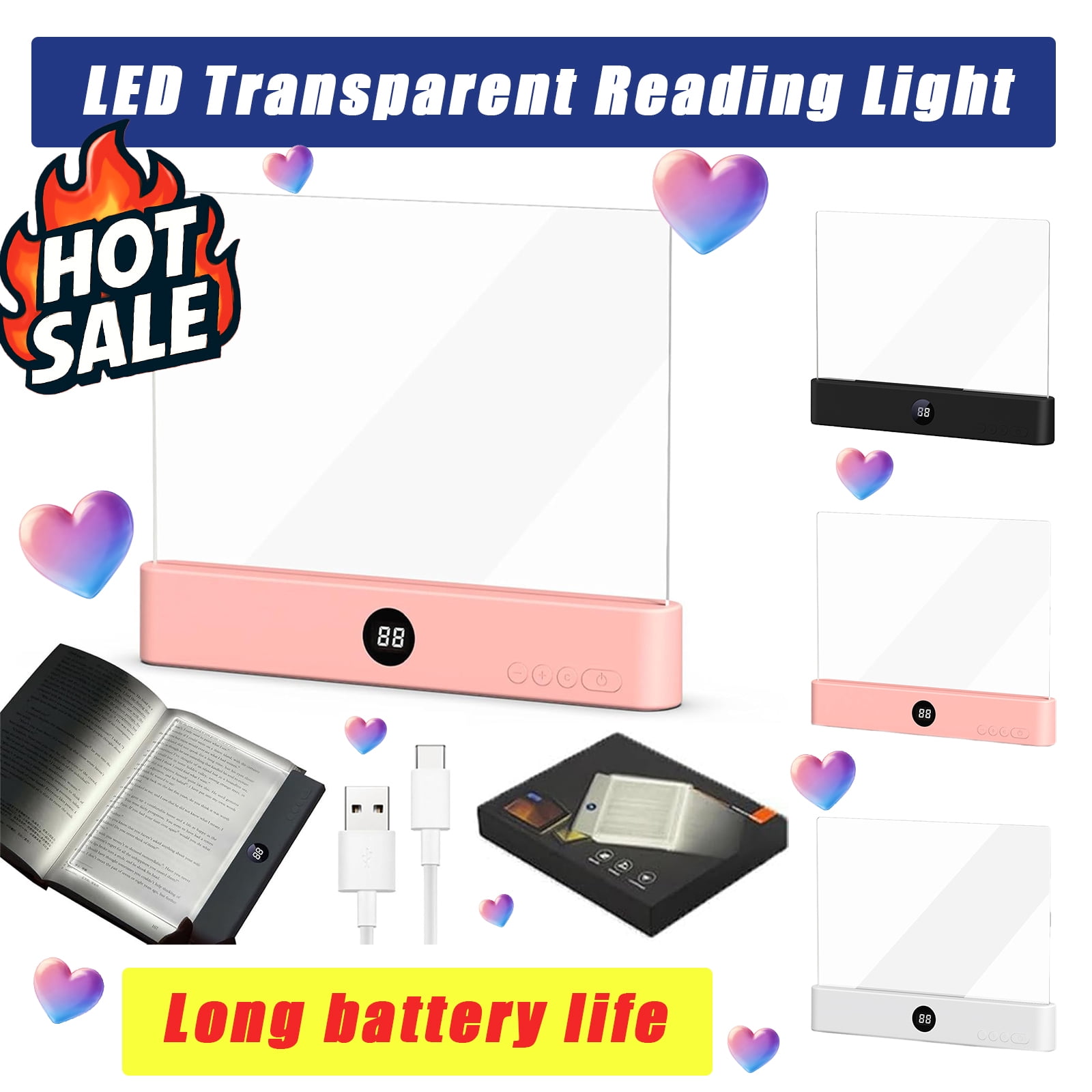 LED Transparent Reading Light for Books, Rechargeable with USB-C ...