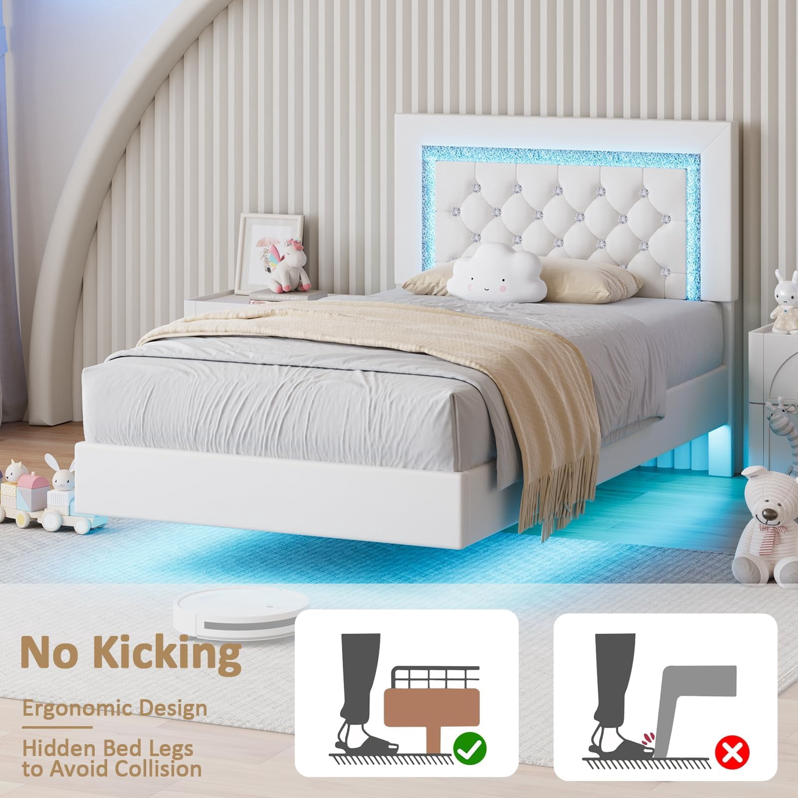 LED Twin Floating Bed Frame, Diamond Pattern Headboard with PU Fabric ...