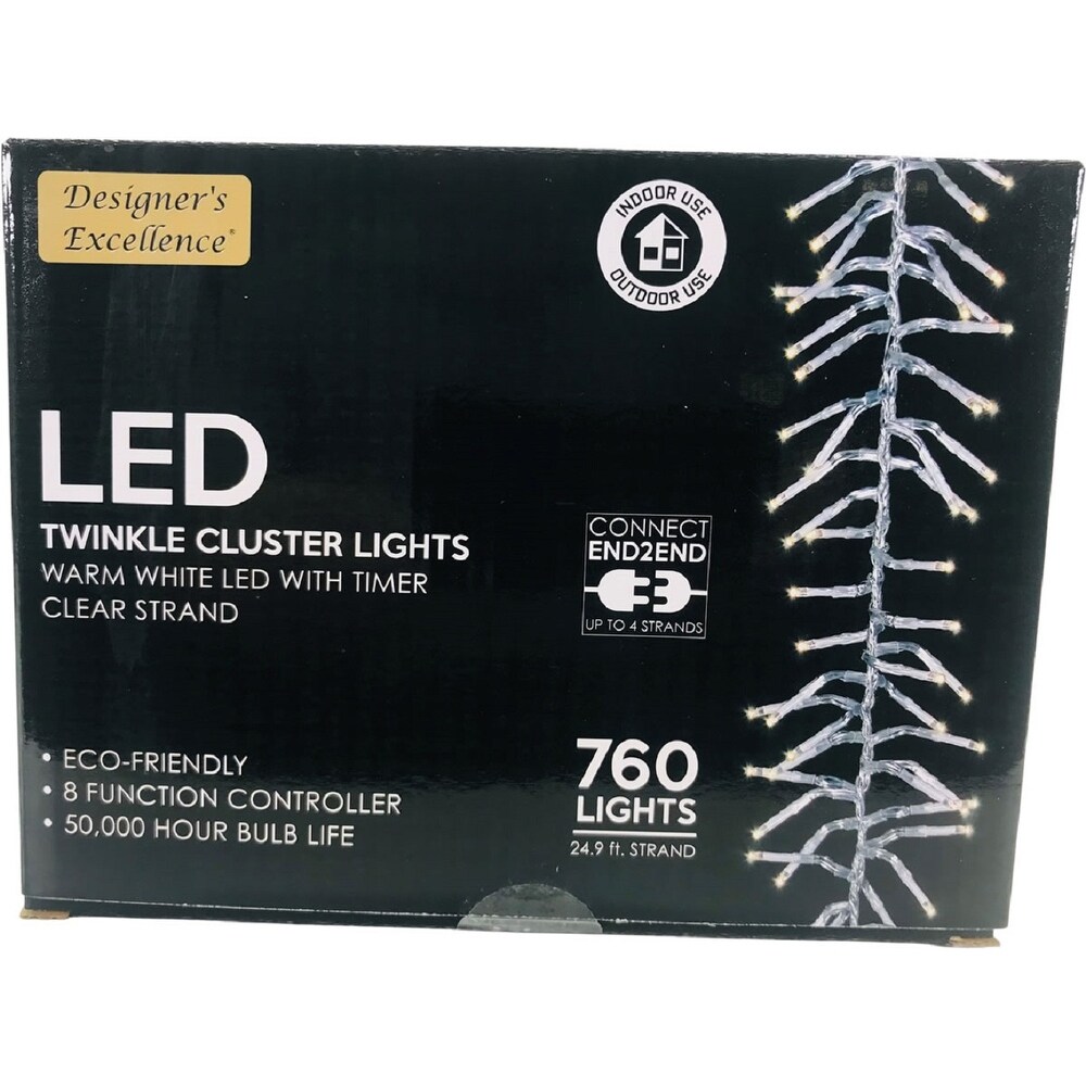 LED Twinkle Cluster Lights 24.9Ft White w/ Clear Strand Connect End to ...