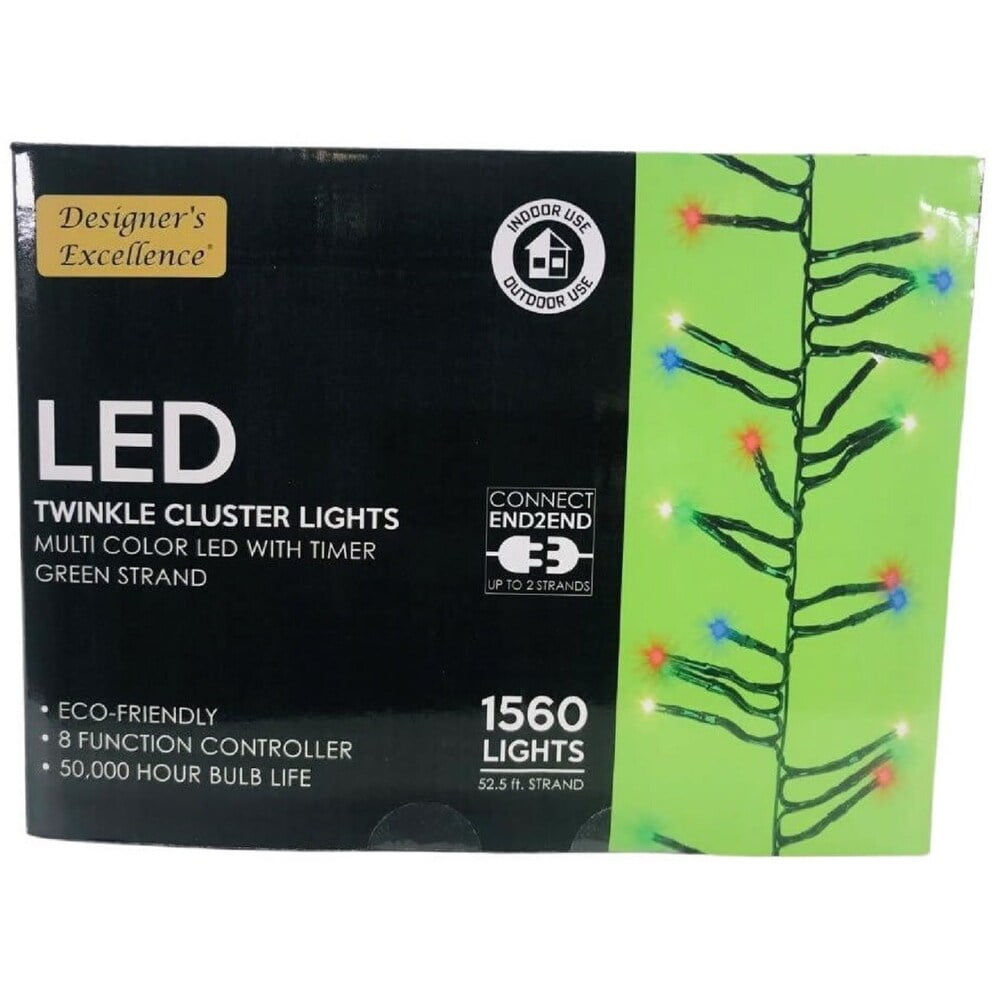 LED Twinkle Cluster Lights 52.5Ft Multi w/ Green Strand Connect End to ...