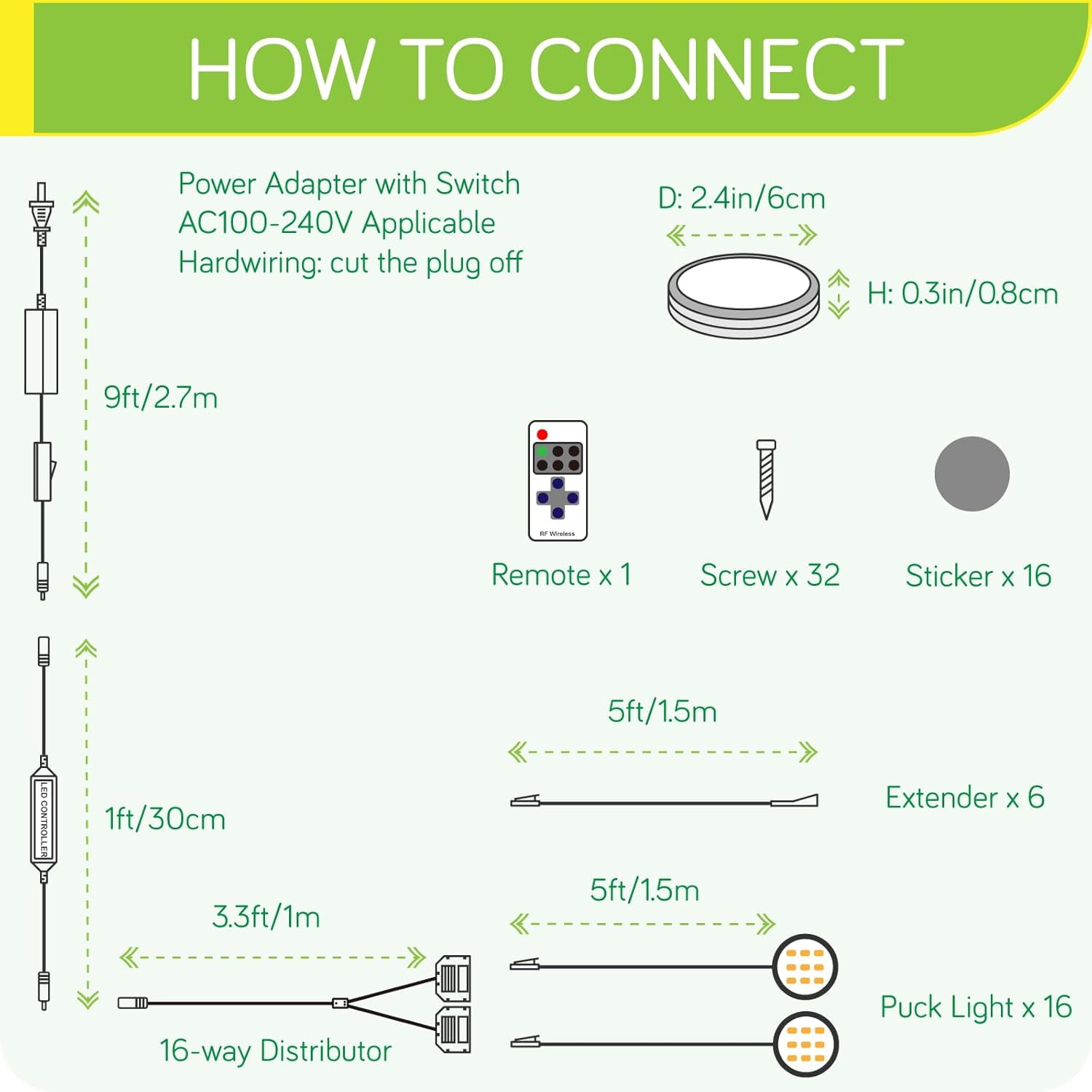 LED Under Cabinet Puck Light Kit, 16 Pack, Remote Dimmable, Warm White ...