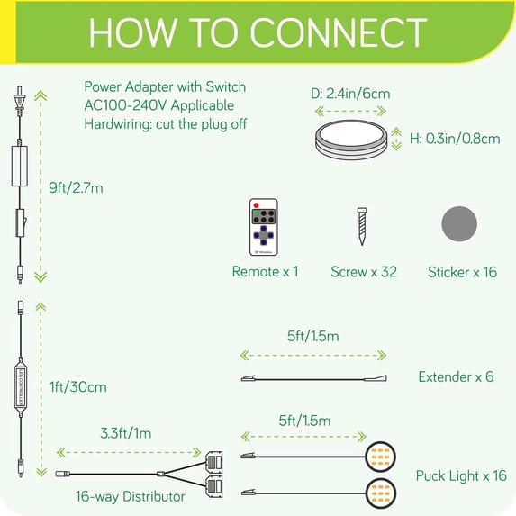 LED Under Cabinet Puck Light Kit, 16 Pack, Remote Dimmable, Warm White ...