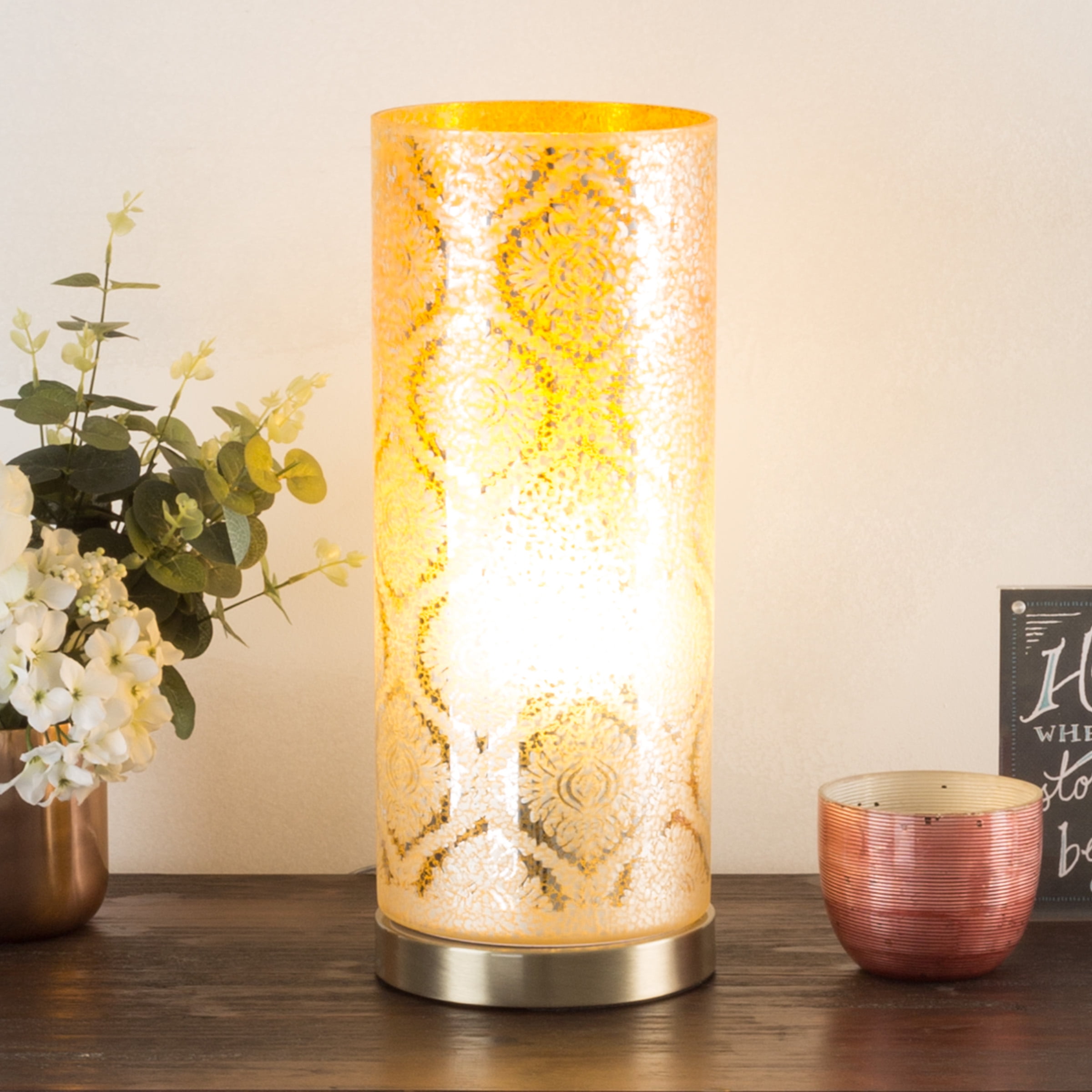 LED Uplight Table Lamp with Amber Glass, Hand Painted Floral Moroccan ...