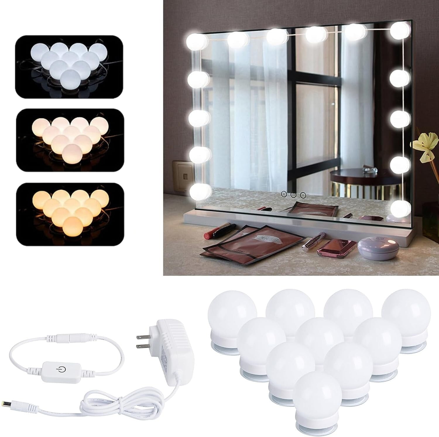 Wattne LED Vanity Lights For Mirror, Hollywood Style, 10 Dimmable Bulbs ...