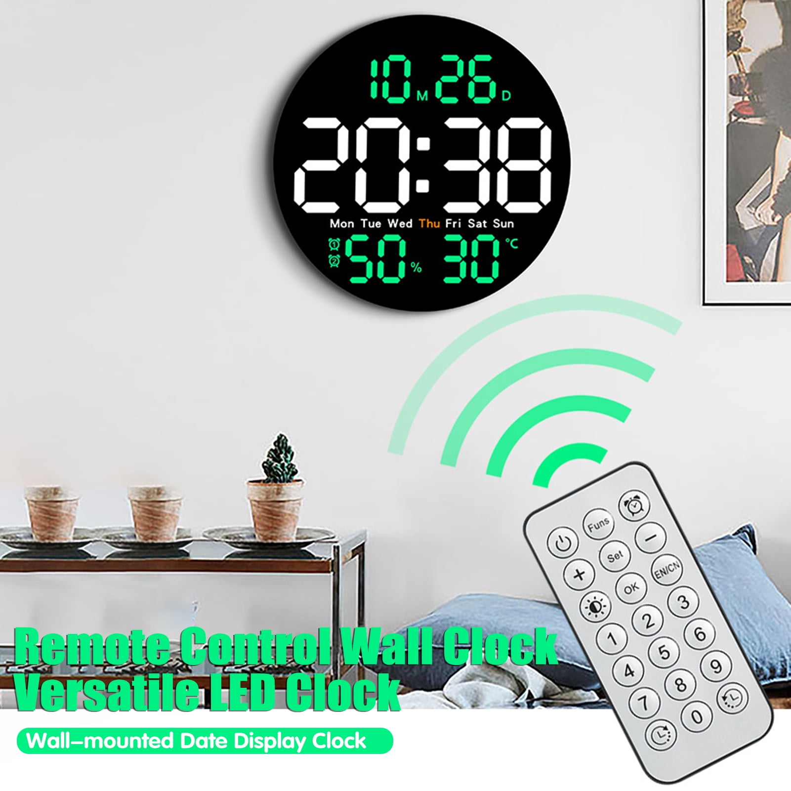 LED Wall Clock Large Display Easy to Read Remote Control Humidity ...