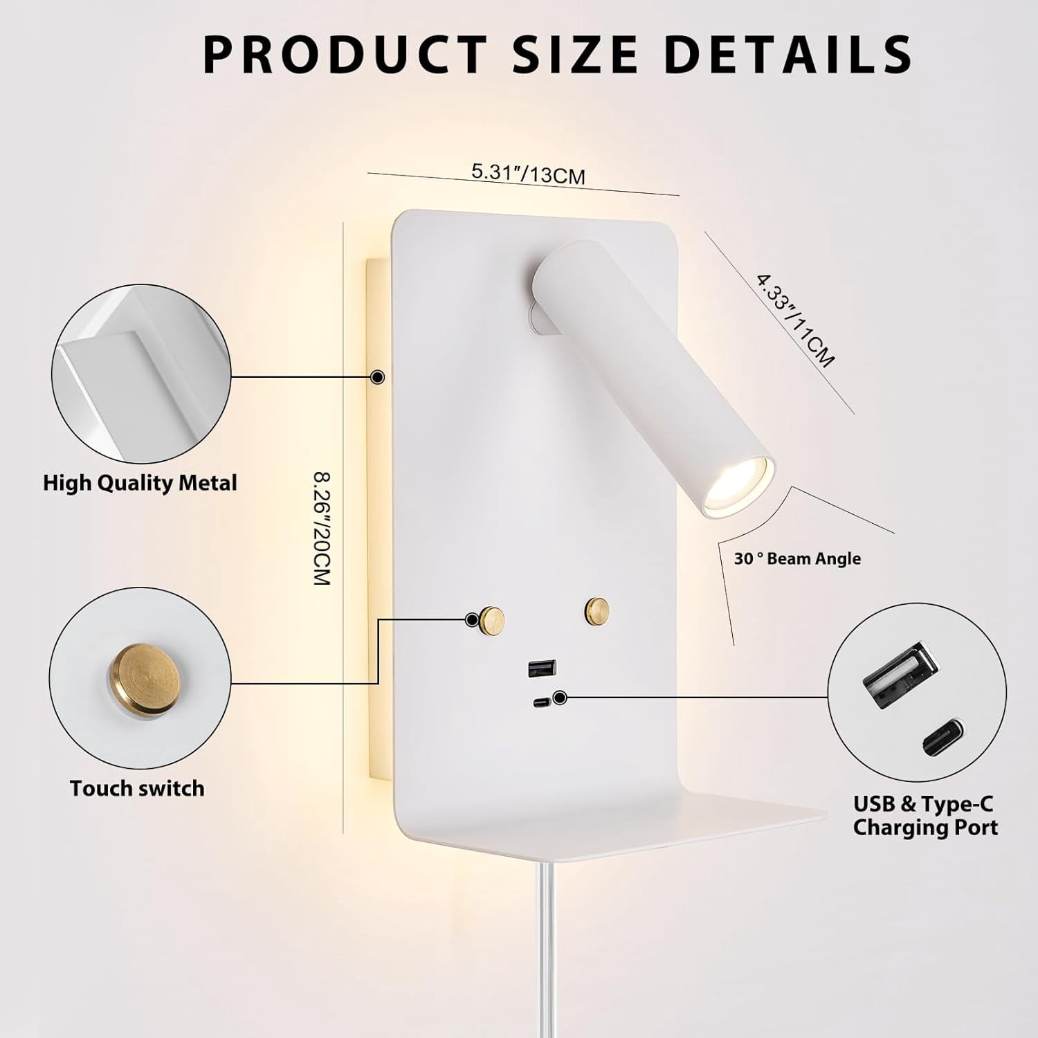 LED Wall Lamp with USB-C/A Ports & Adjustable Headboard - Dimmable ...