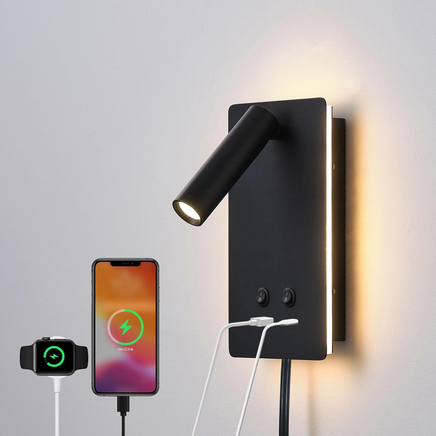 LED Wall Lamp Wall Mounted Reading Lights, Adjustable Headboard Plug in ...
