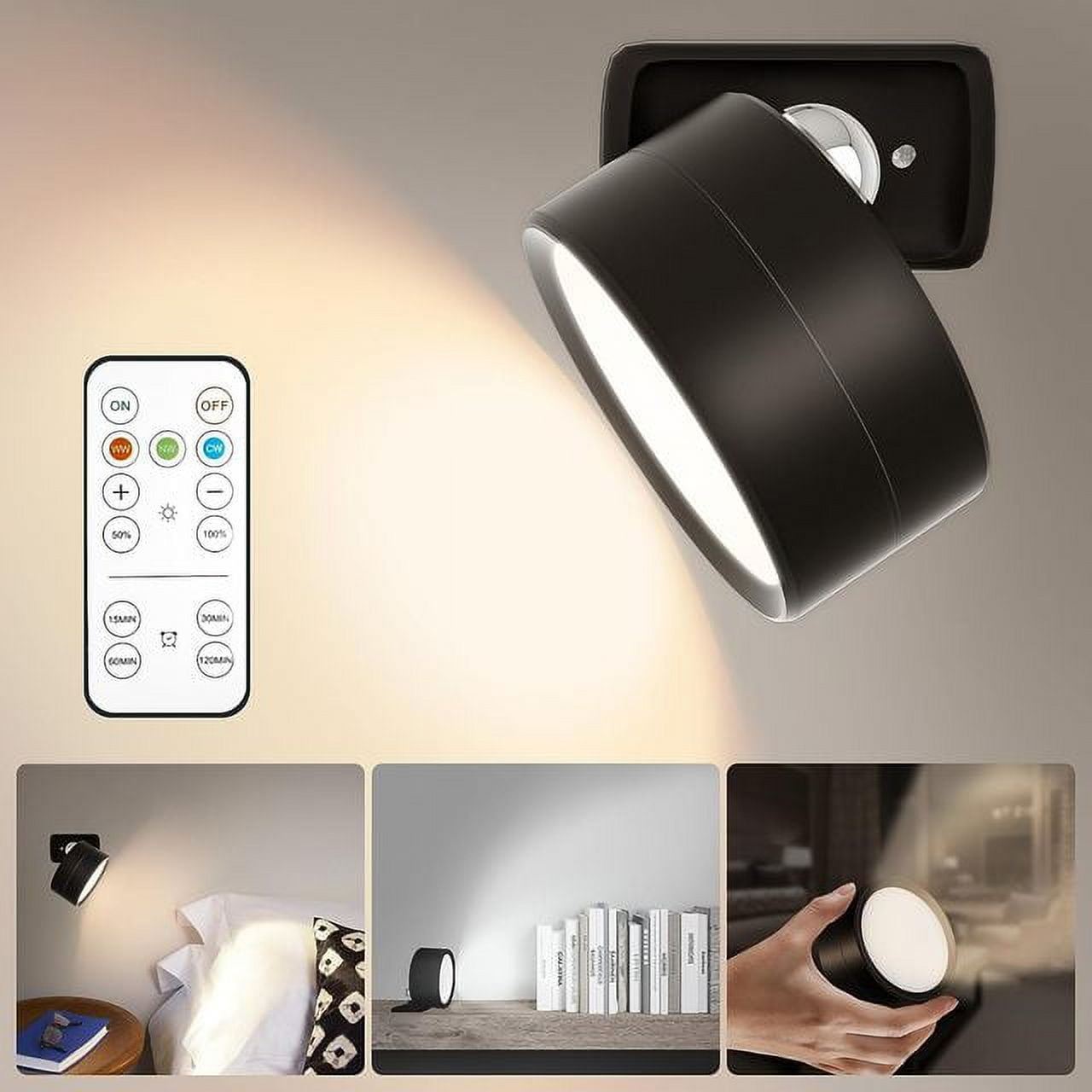 LED Wall Light Rechargeable Reading Lights ° Rotation Touch Remote ...