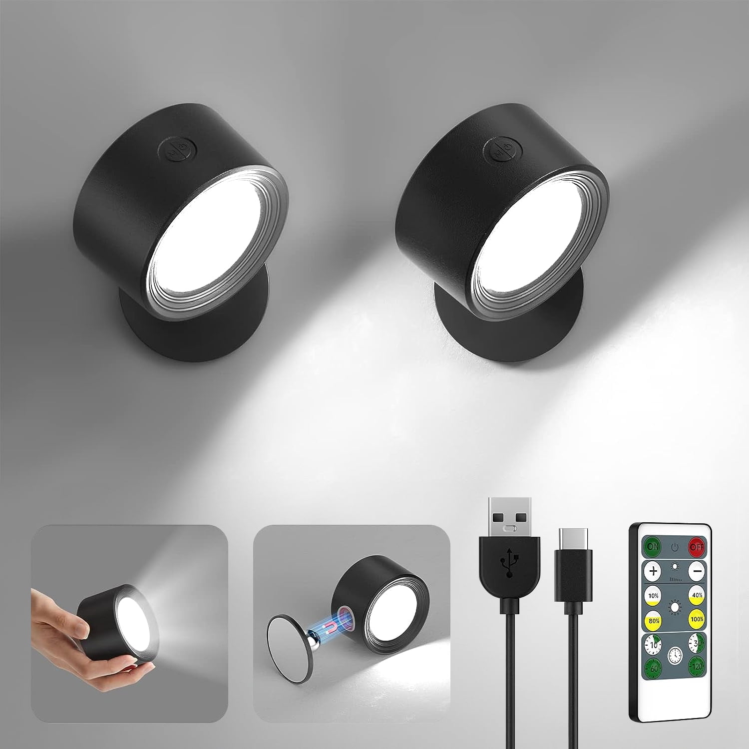 2Pcs LED Wall Sconces, Cordless Fixtures with Remote, 3 Brightness ...