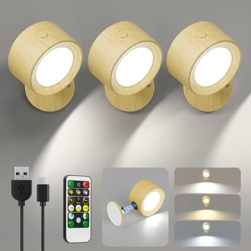LED Wall Sconces, Wall Mounted Lamp 3 Pcs with Remote Rechargeable ...