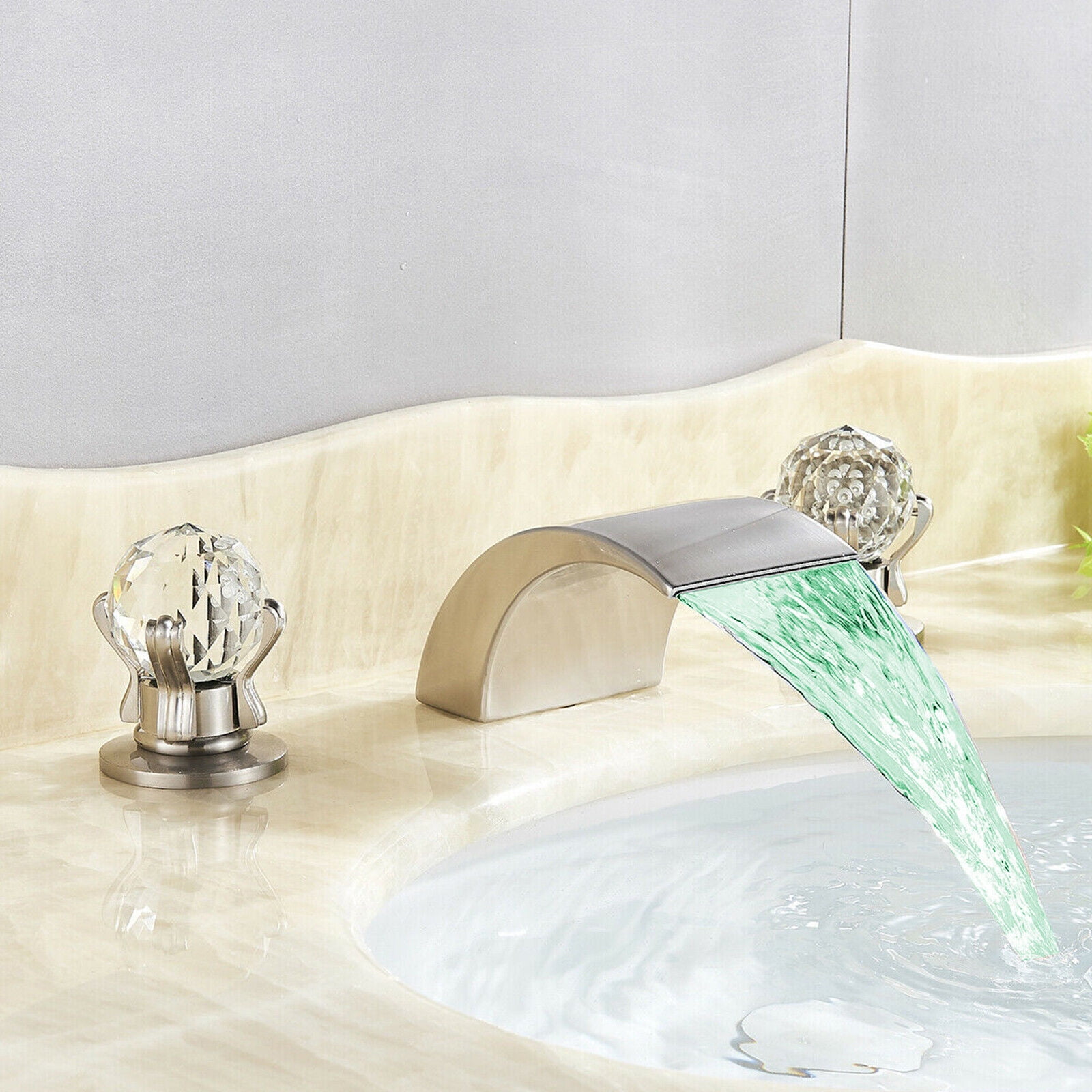 LED Waterfall Bathroom Sink Faucet, Dual Handles, 3 Holes, Brushed ...