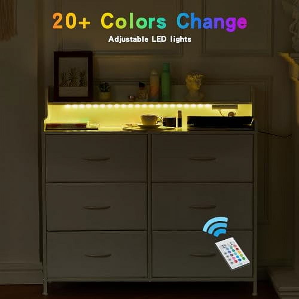 LED White Dresser for Bedroom,6 Drawer Dresser with Charging Station ...