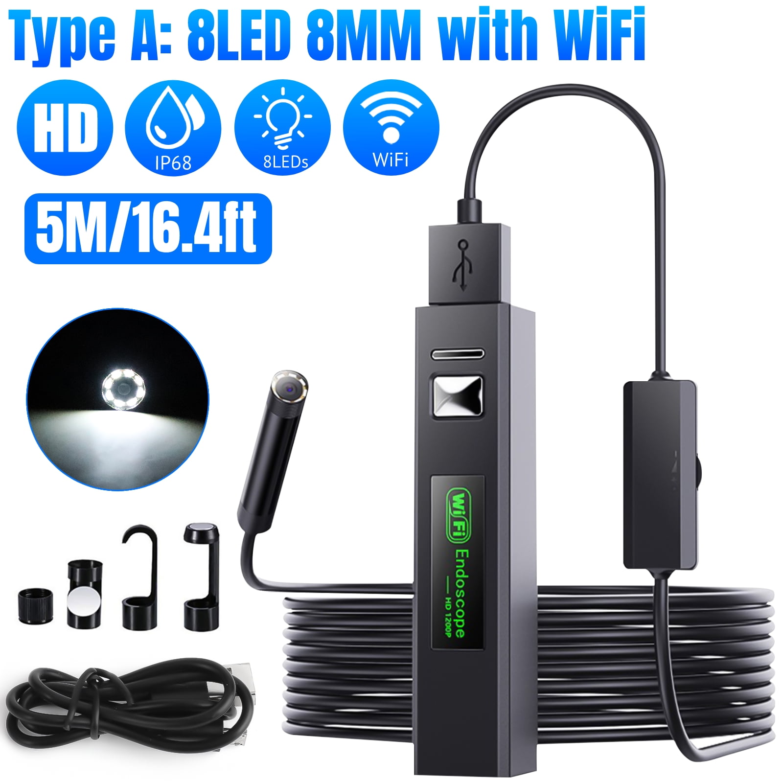 LED WiFi Snake Borescope Endoscope 8mm Inspection Camera for iPhone ...