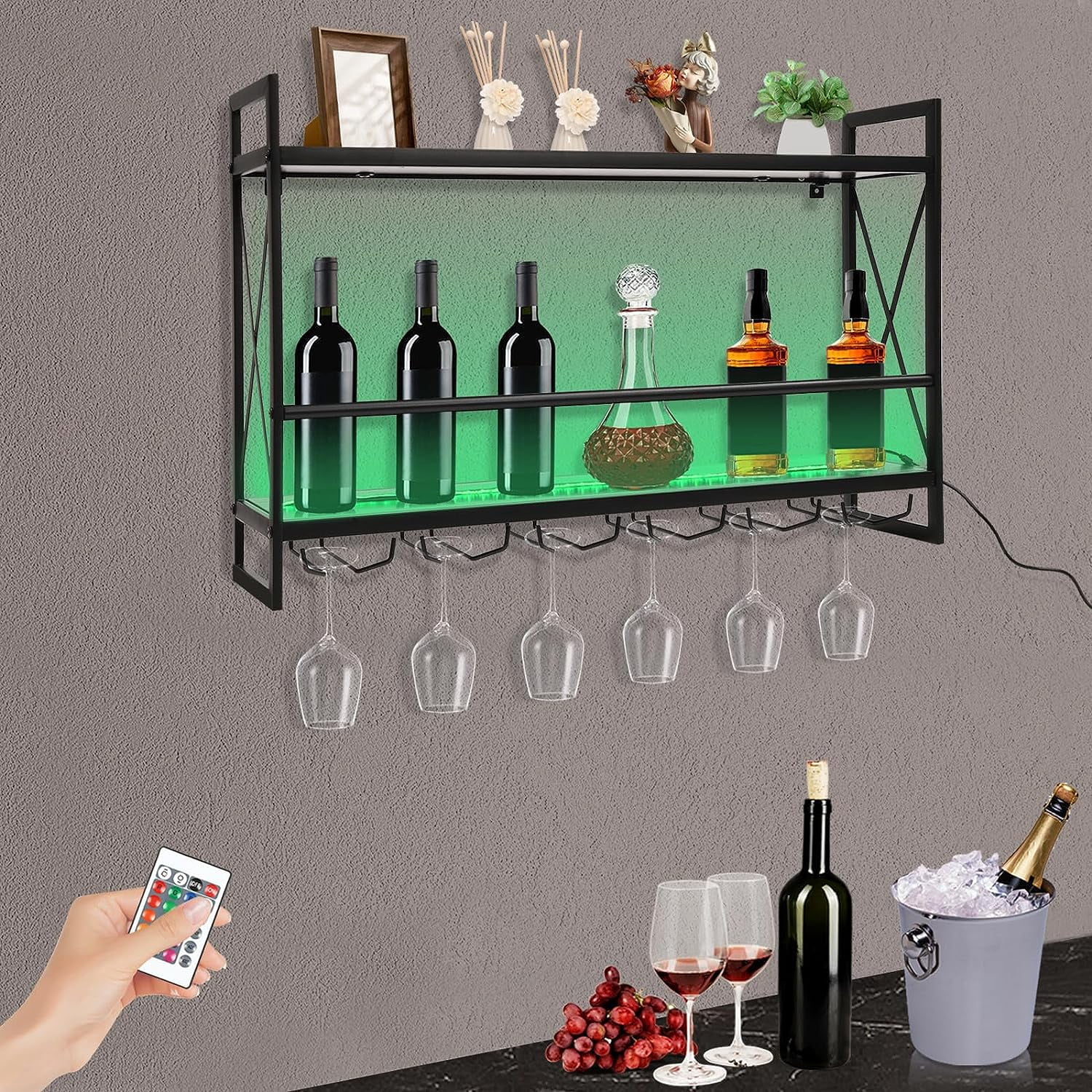 LED Wine Rack Wall Mounted with Remote Control 6 Bottles Wine Glass ...