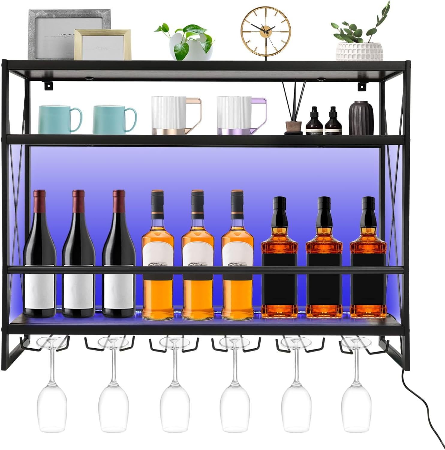 LED Wine Rack Wall Mounted with Wine Glass Holder, Wine Rack Bar Unit ...