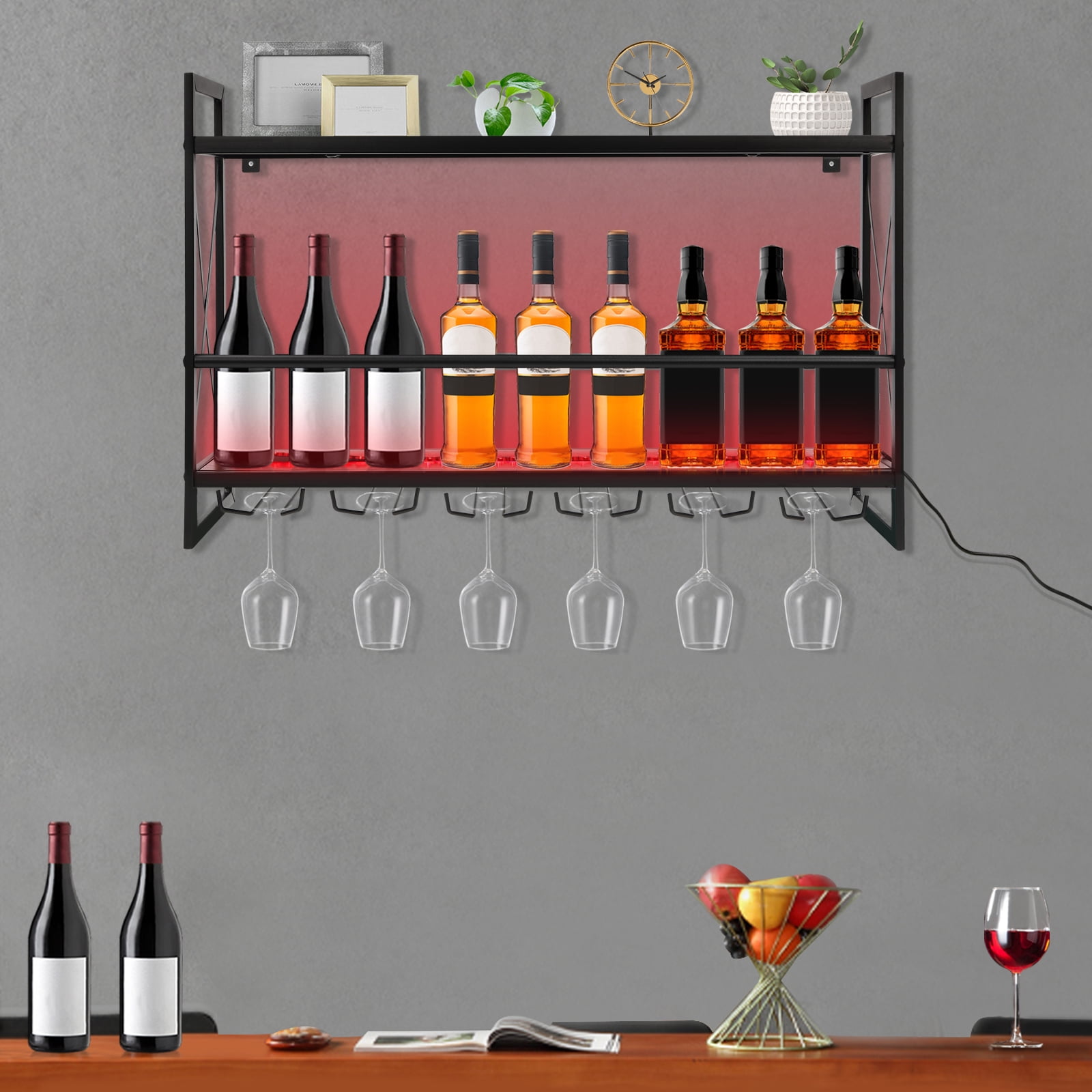 LED Wine Rack Wall Mounted w/ Remote, 6 Stem Wine Glass Holders, Metal ...