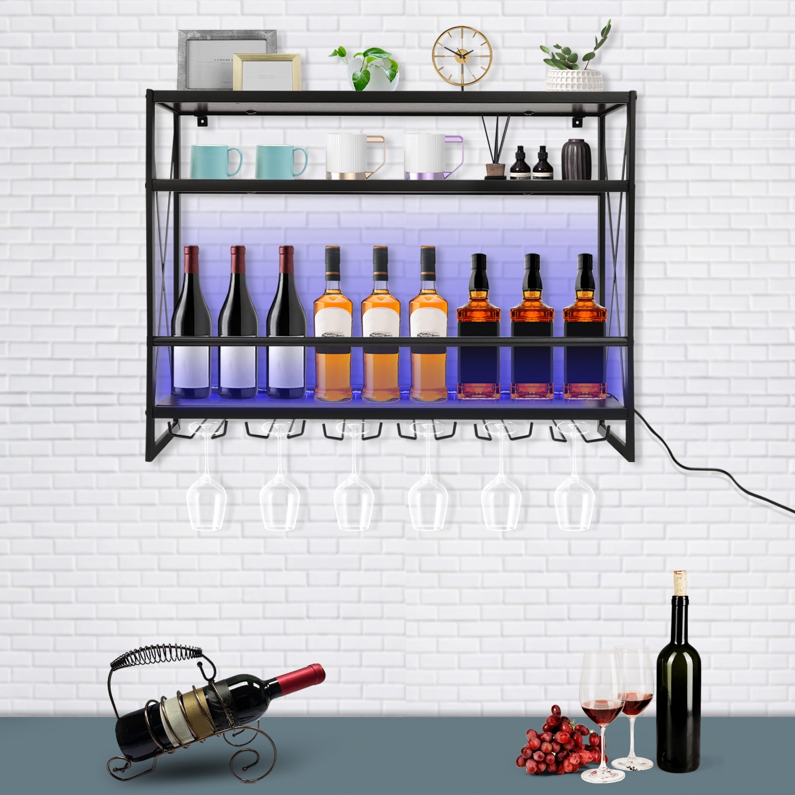 LED Wine Racks Wall Mounted, Remote Control and 6 Stem Wine Glass ...