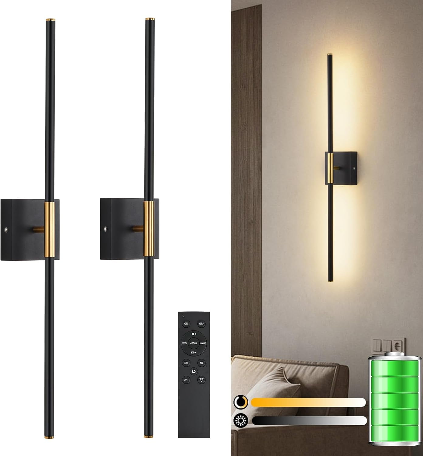 LED Wireless Wall Sconces Set of Two Dimmable Battery Powered Wall Sconce with Remote Control ...
