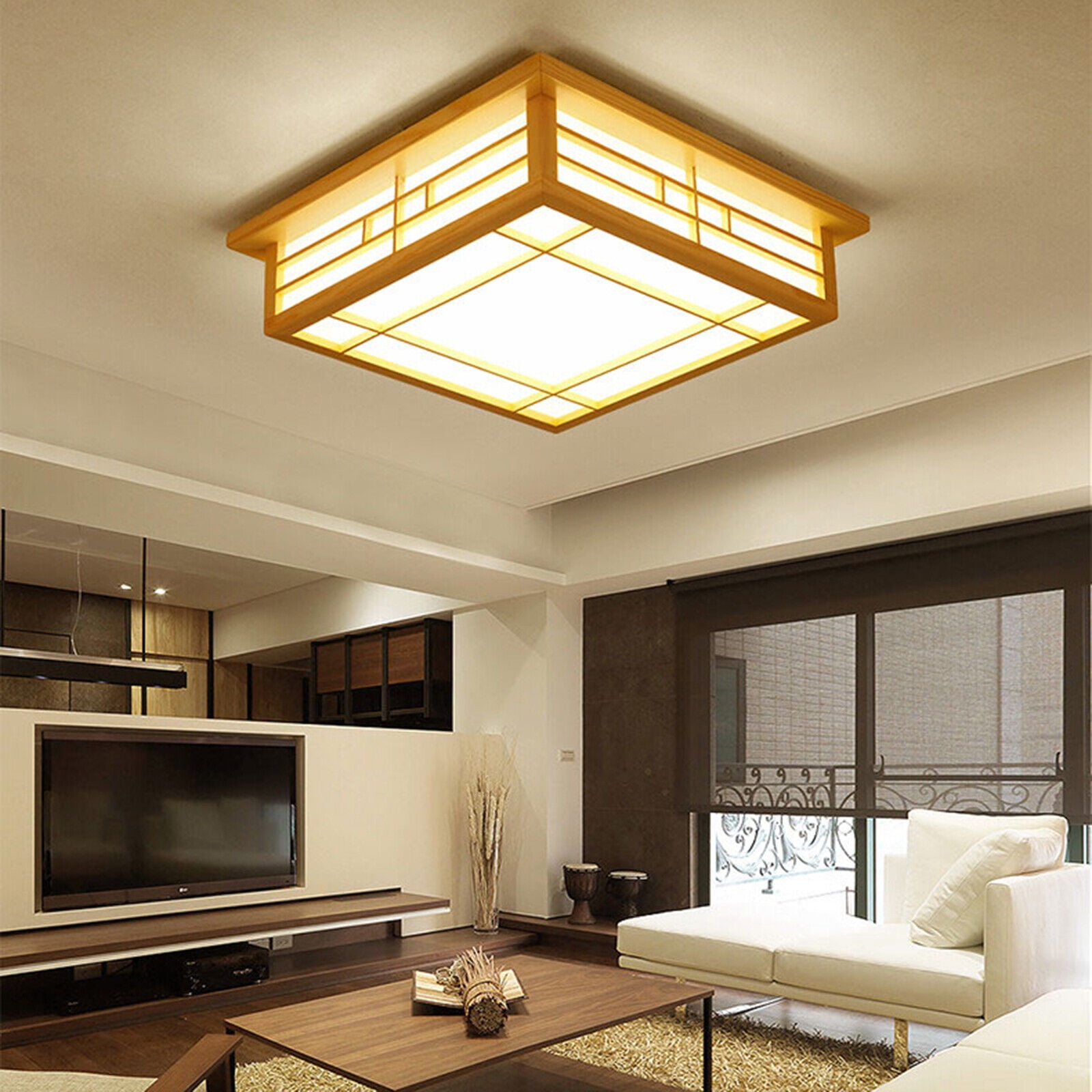 LED Wood Square Tatami Ceiling Light Fixture Chinese Japanese Grid Lamp ...