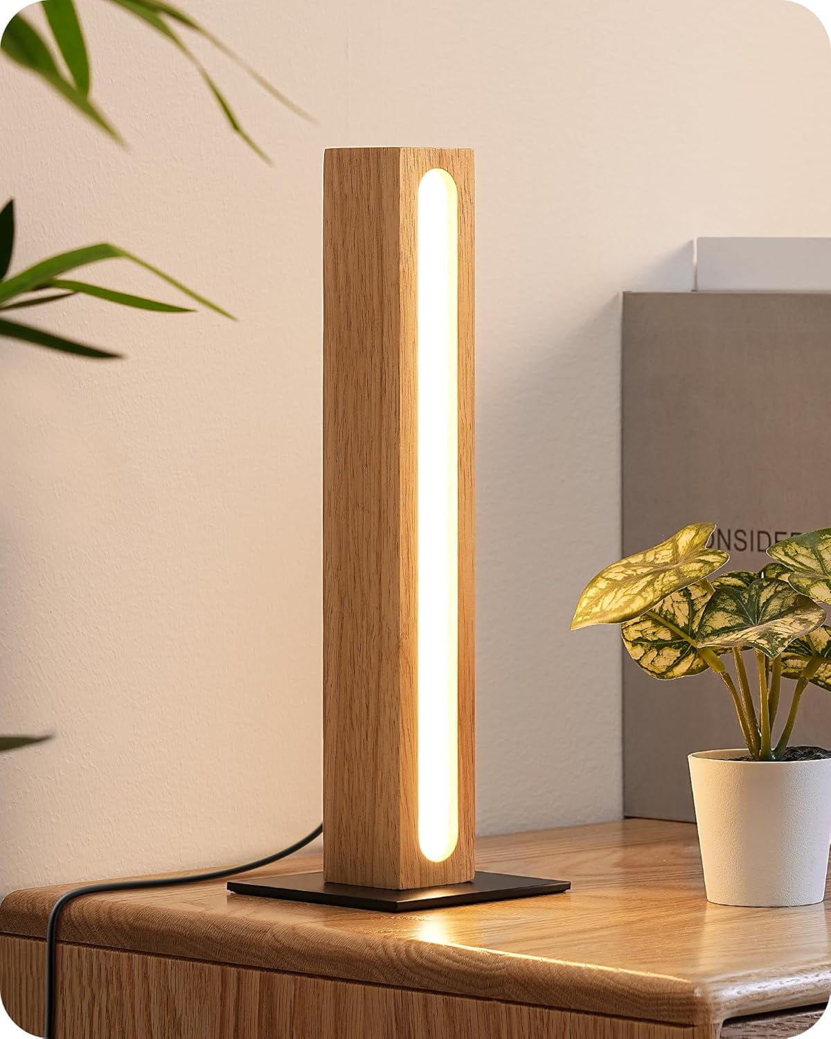 LED Wood Table Lamp, 3-Color Temperature Minimalist Bedside Lamp ...