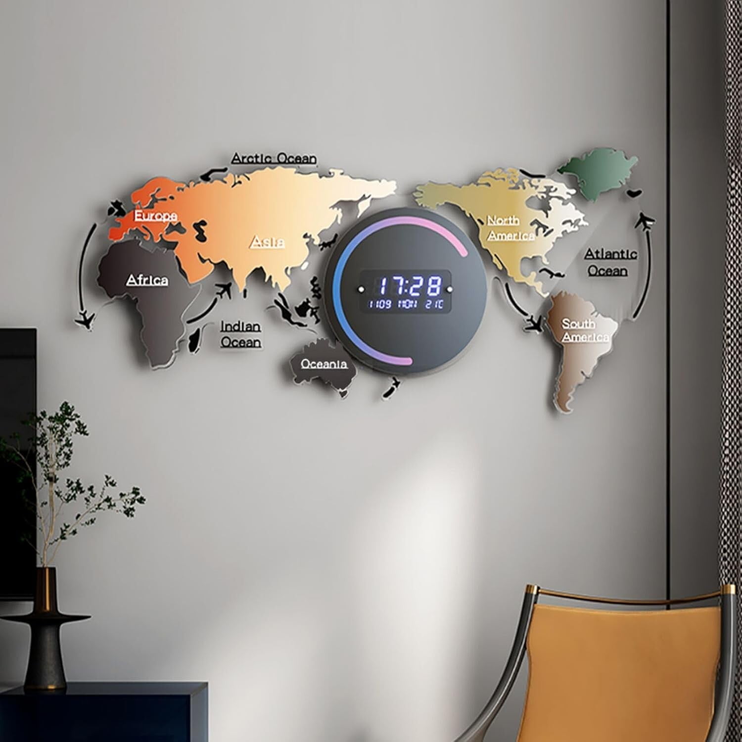 LED World Map Wall Clock, Large Modern Acrylic Digital Clock for Home ...