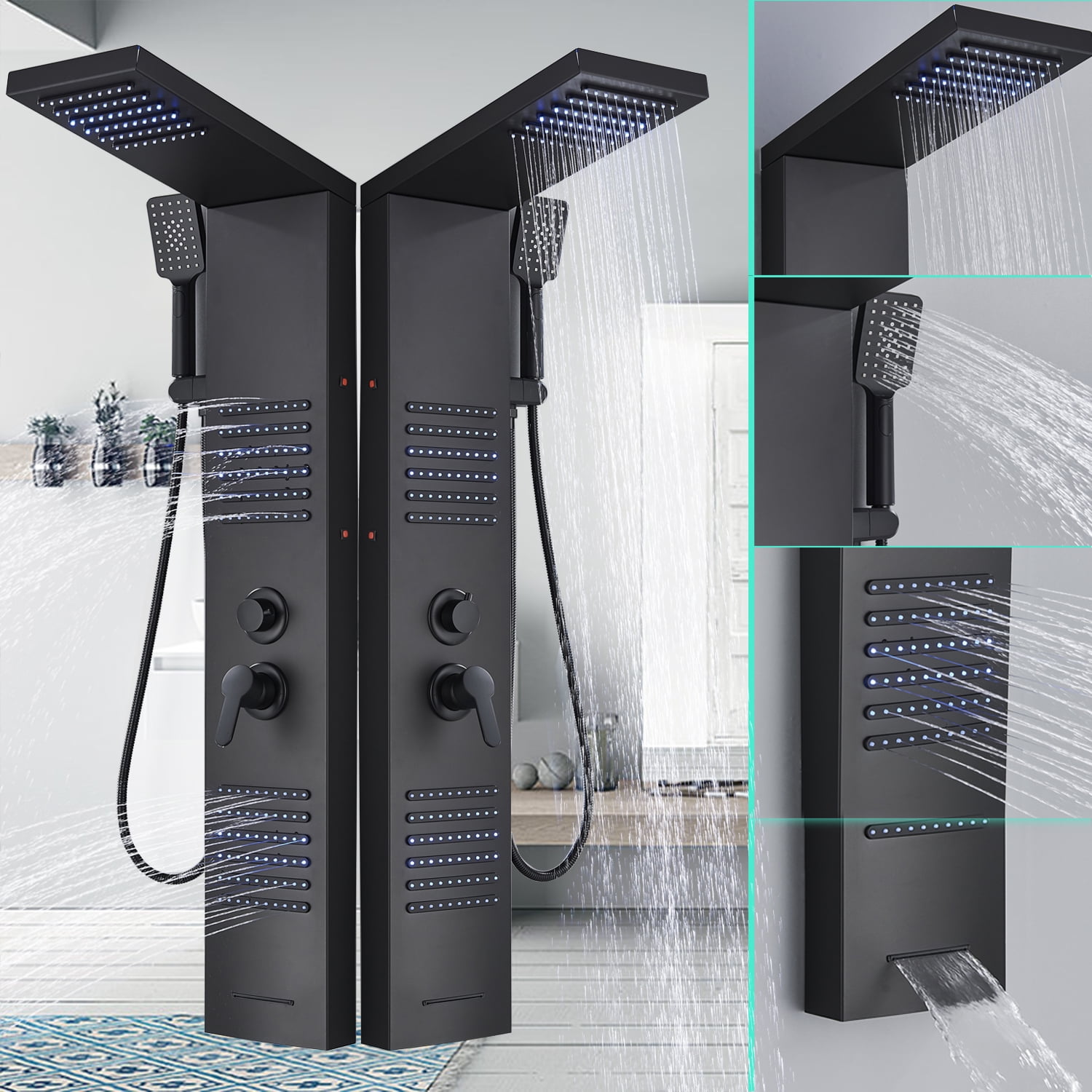 Zamery LED Black Shower Panel Tower System, Temperature Display ...