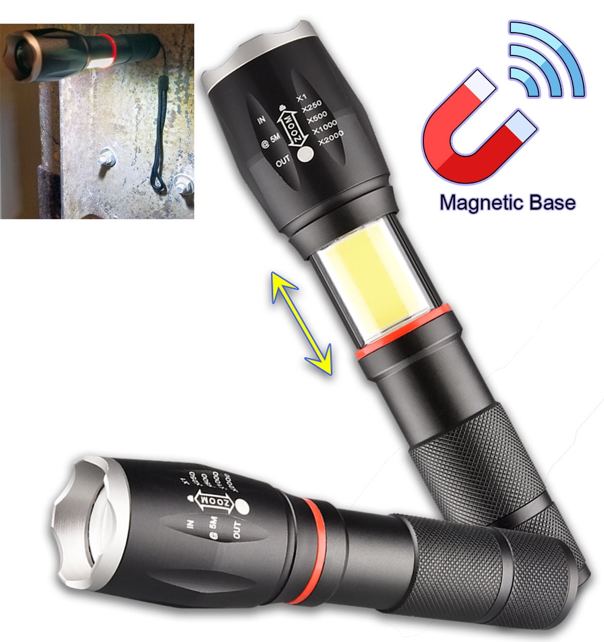 LED Zoomable Pro Flashlight & Retractable COB Work Lite Lantern Combo ...