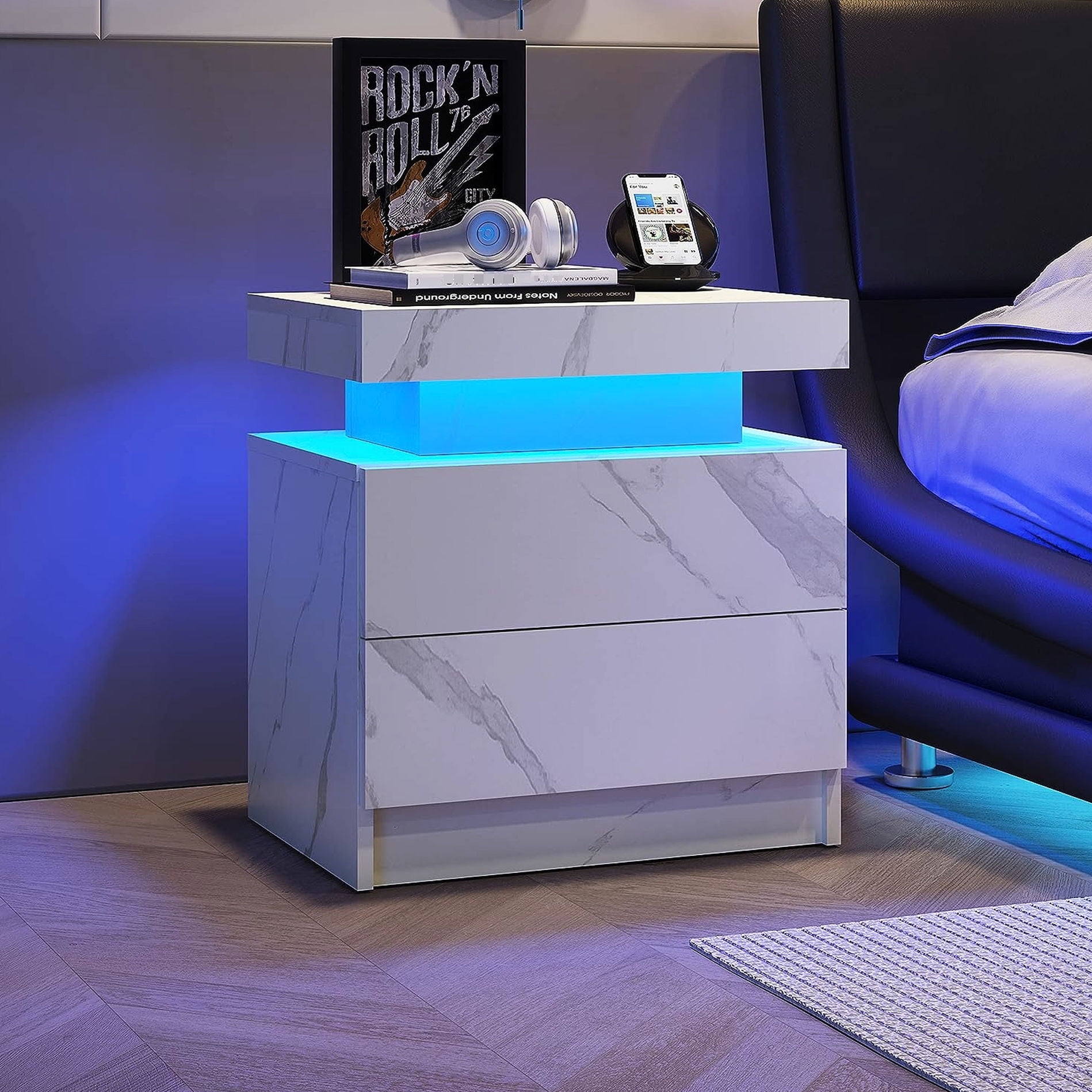 LED nightstand with 2 drawers and multi - mode lights / Simple and ...