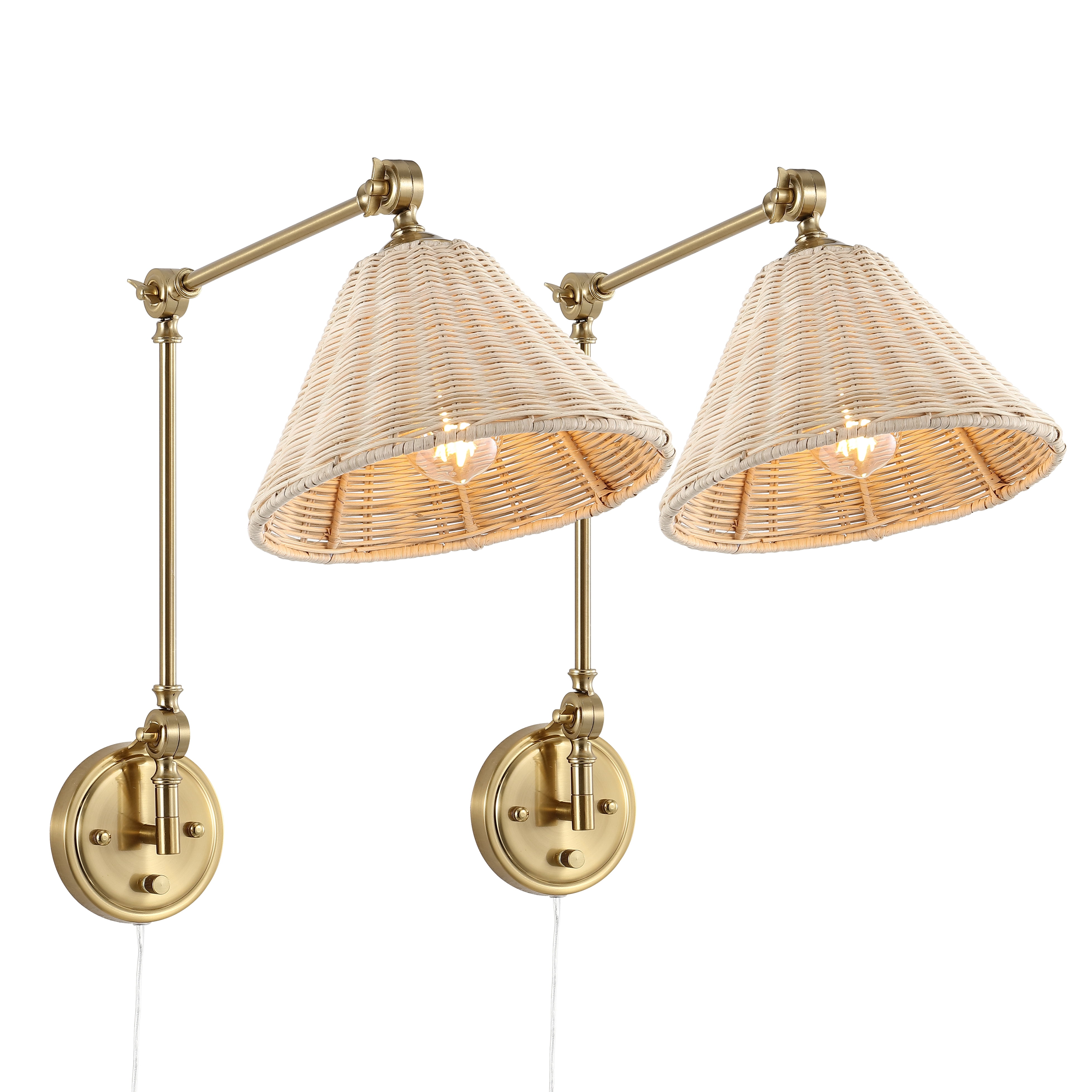 LEDET Adjustable Swing Arm Wall Sconce with Neutral Beige Rattan Shades ...