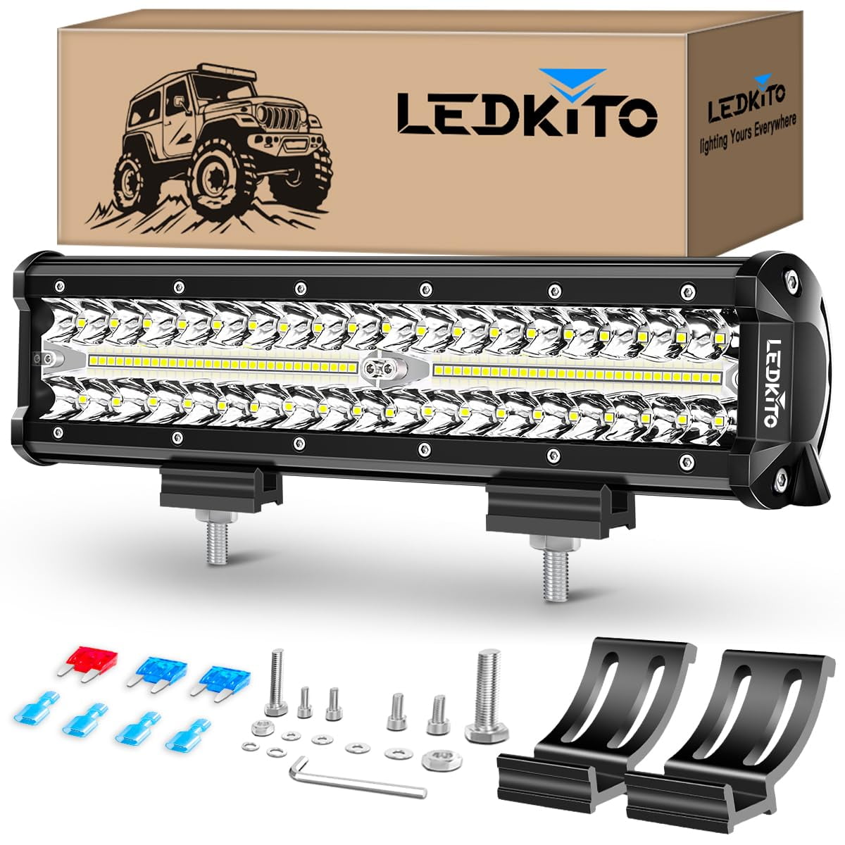 LEDKITO 12 Inch LED DHF10 Light Bar Off Road Triple Row Flood Spot ...