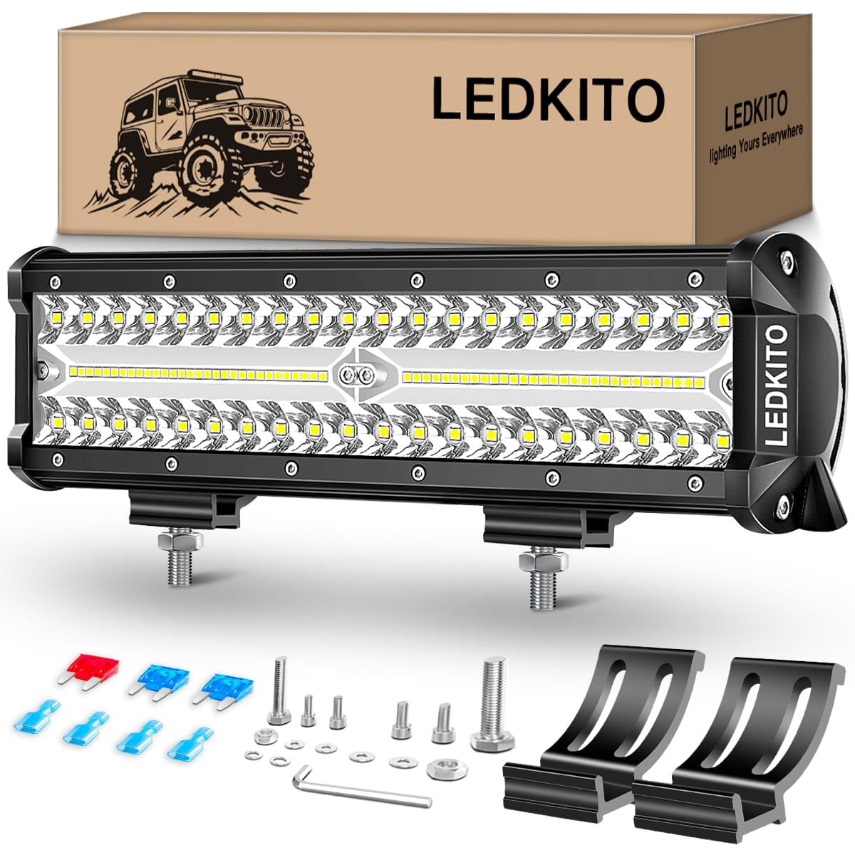 LEDKITO 12 Inch LED Light Bar Off Road Triple Row Flood Spot Combo Bar ...