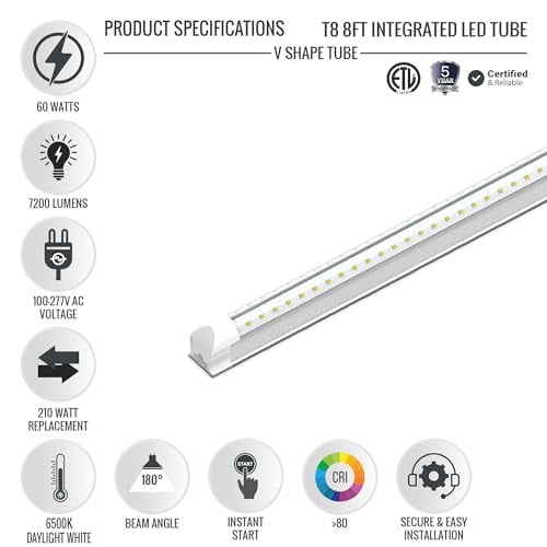 LEDMyplace 60W 8ft T8 V Shape Integrated LED Tube Light, 6500K Daylight ...