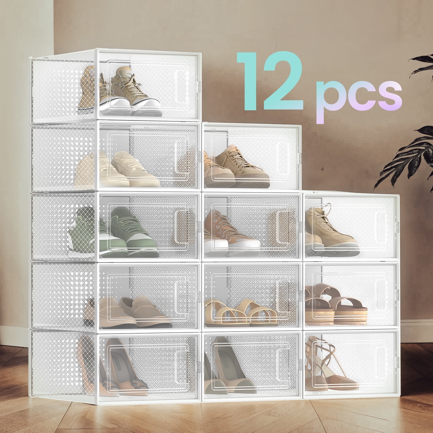 LEDREM 12-Pack Stackable Shoe Boxes with Clear Front Doors – Easy-Slide ...