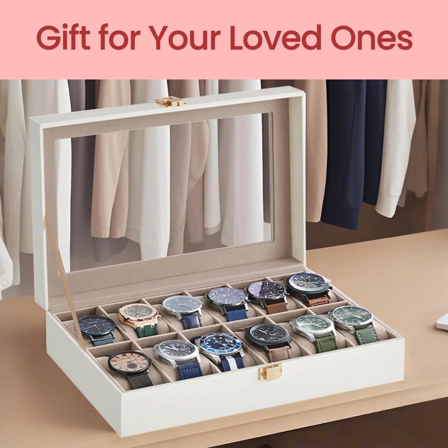 LEDREM 12-Slot Luxury Watch Display Case with Glass Top & Removable ...