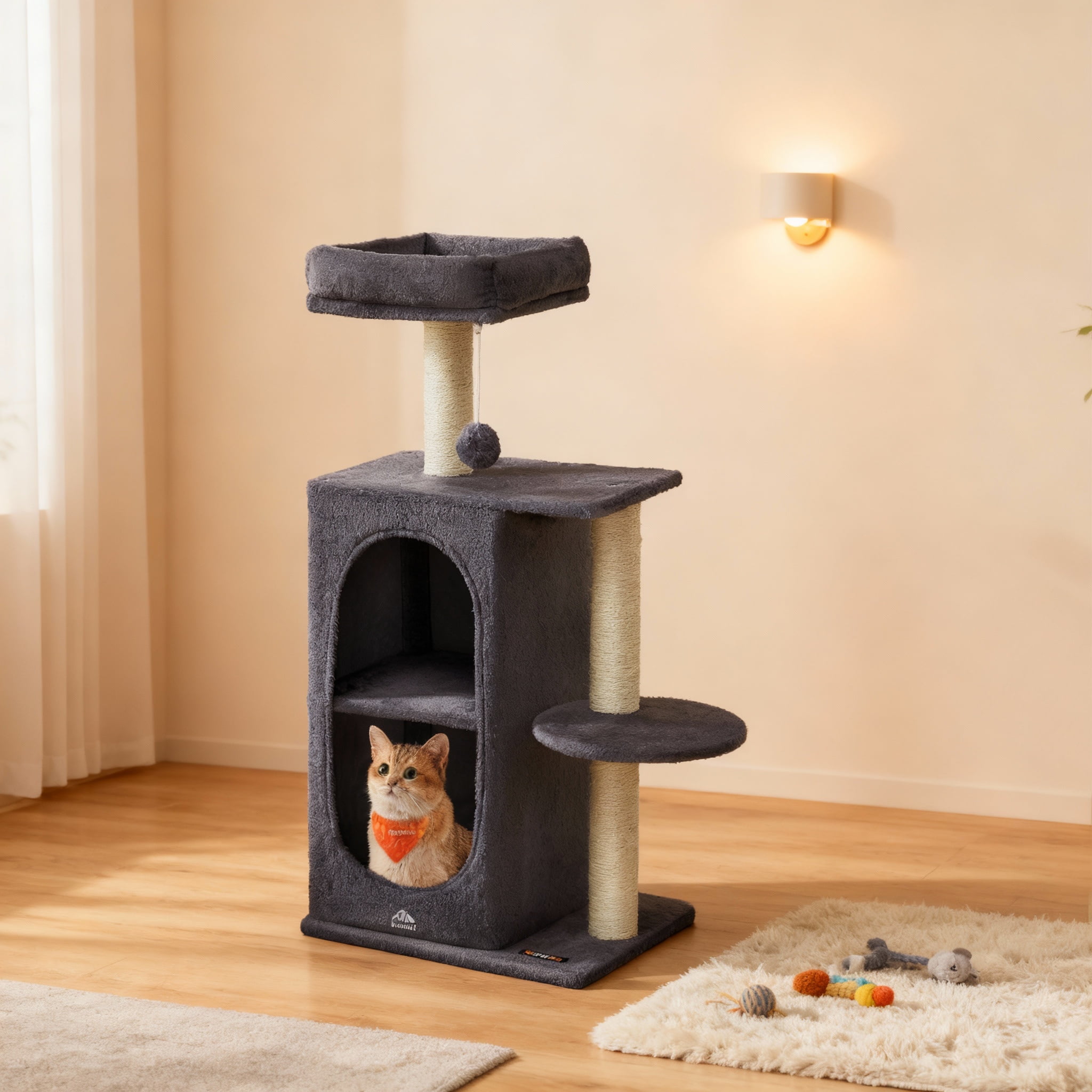 LEDREM 2-Level Cat Tree with Plush Caves & Scratching Posts, Compact ...