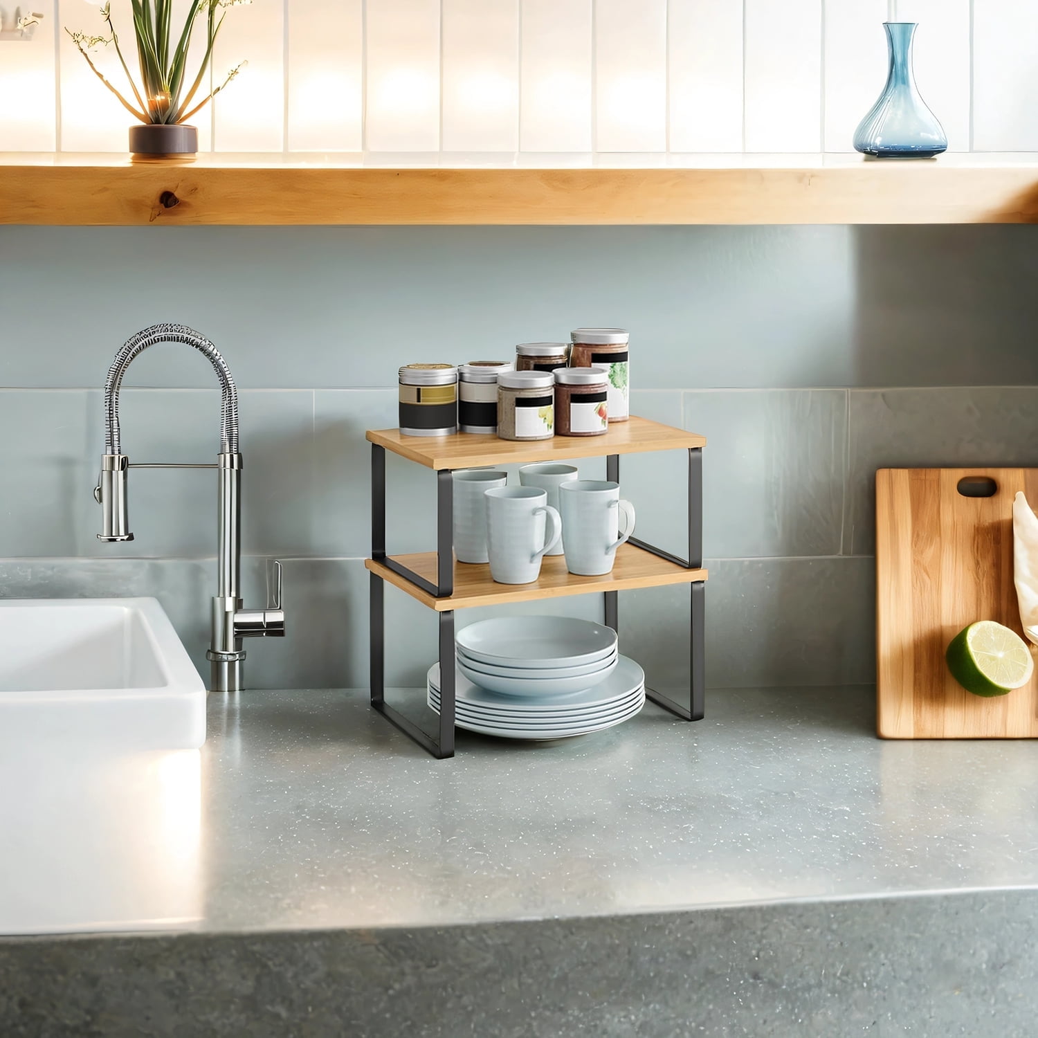 LEDREM 2-Tier Stackable Cabinet Organizer Shelf, Expandable Kitchen ...