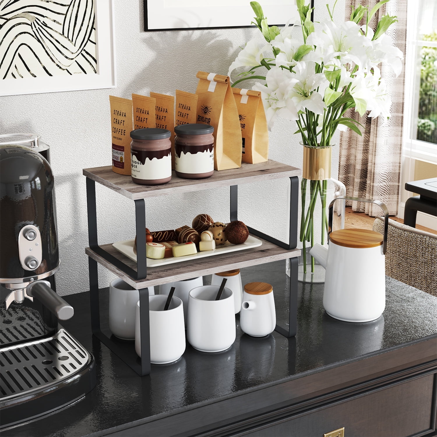 LEDREM 2-Tier Stackable Shelf Organizer - Metal/Wood Kitchen Storage ...