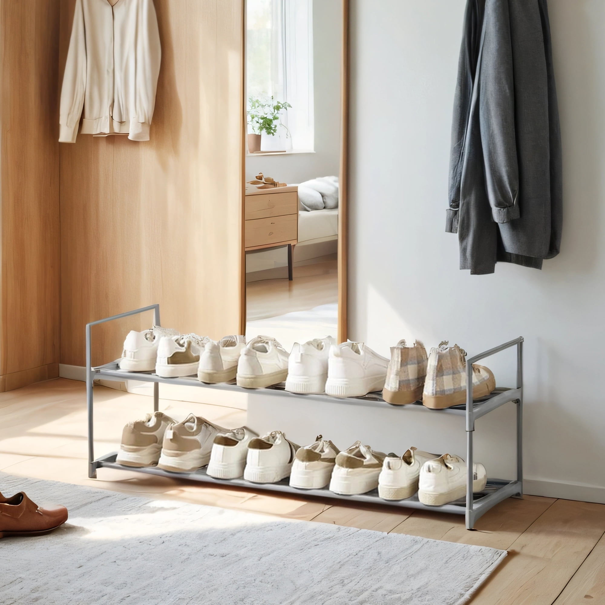2-Tier Stackable Shoe Rack, Metal Shoe Organizer Shelf for Entryway ...