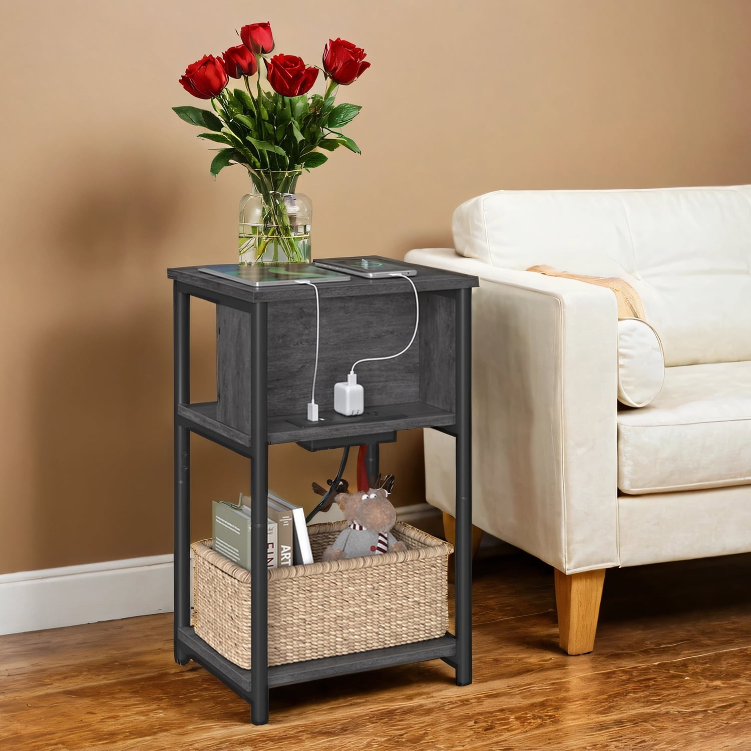 LEDREM 3-Tier Charging Side Table - End Table with 2 Outlets & 2 USB ...