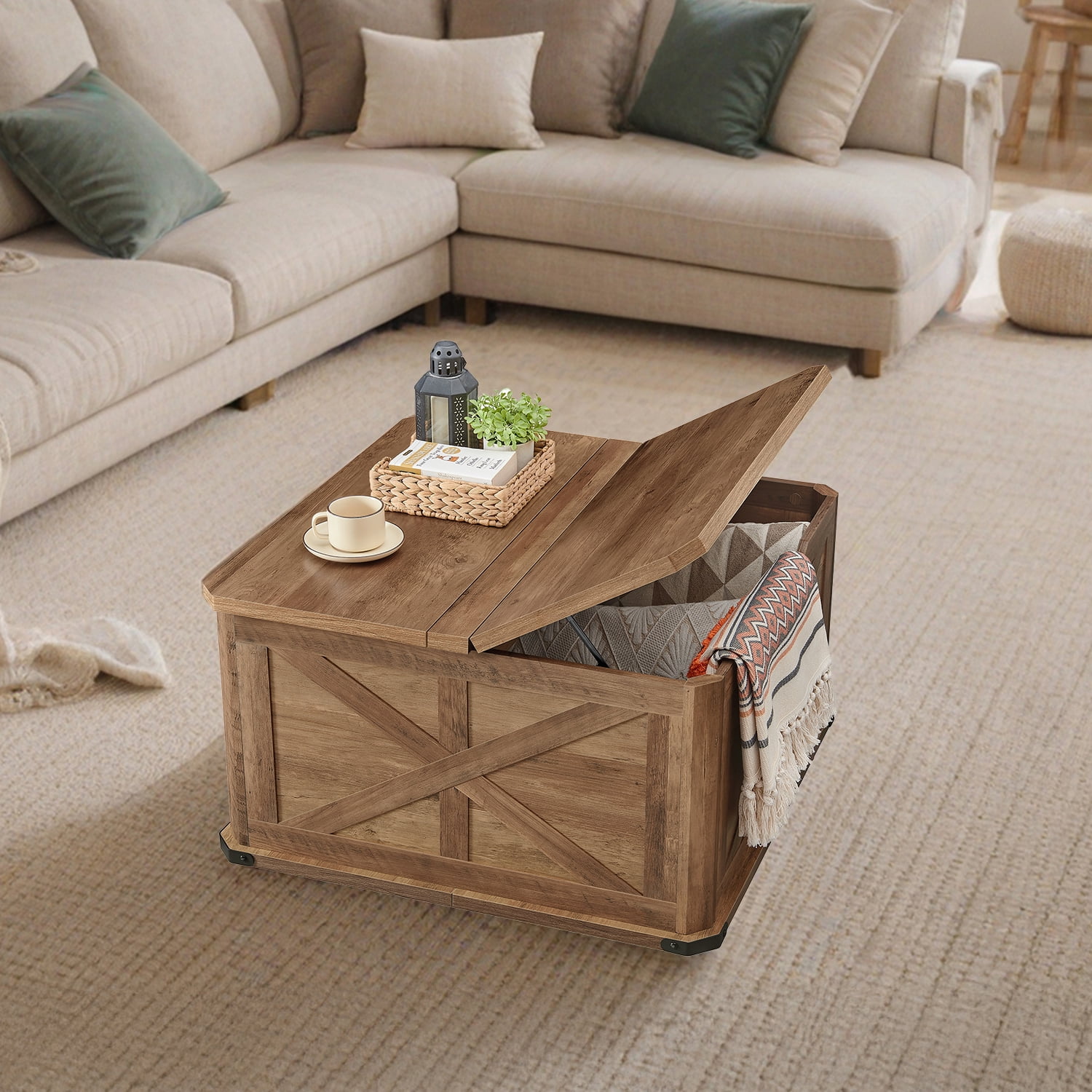 LEDREM 31.5" Farmhouse Coffee Table with Flip-Top Storage, Rustic ...
