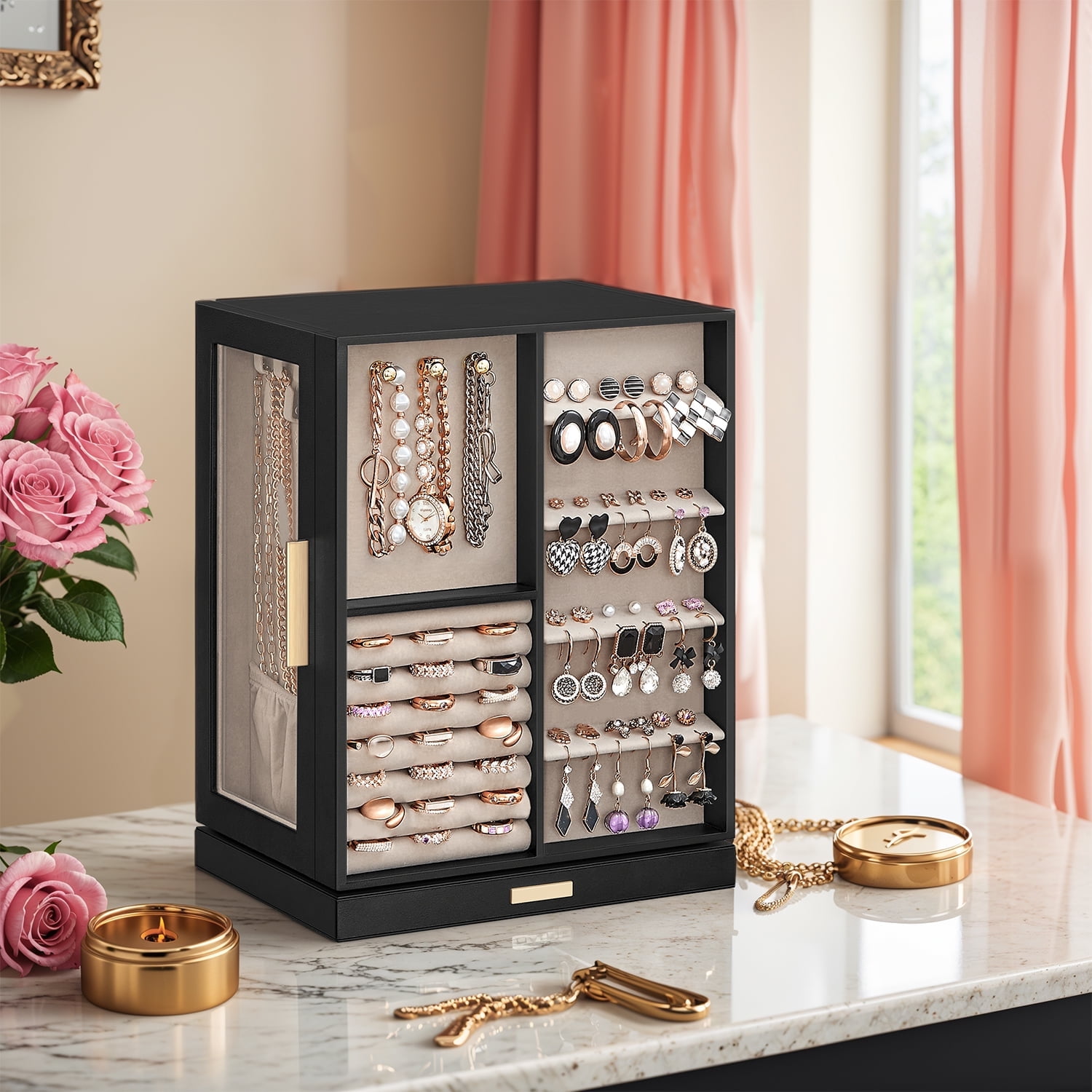 360° Rotating Jewelry Organizer with 5 Drawers, Glass Window & 18 ...