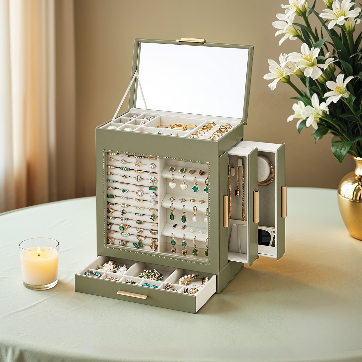 LEDREM 5-Tier Jewelry Organizer with Glass Display & 3 Modular Drawers ...