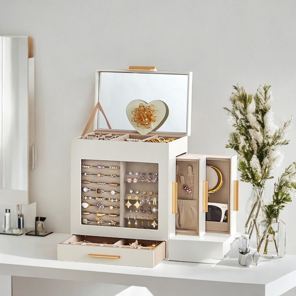 LEDREM 5-Tier Jewelry Organizer with Glass Display & 3 Modular Drawers ...